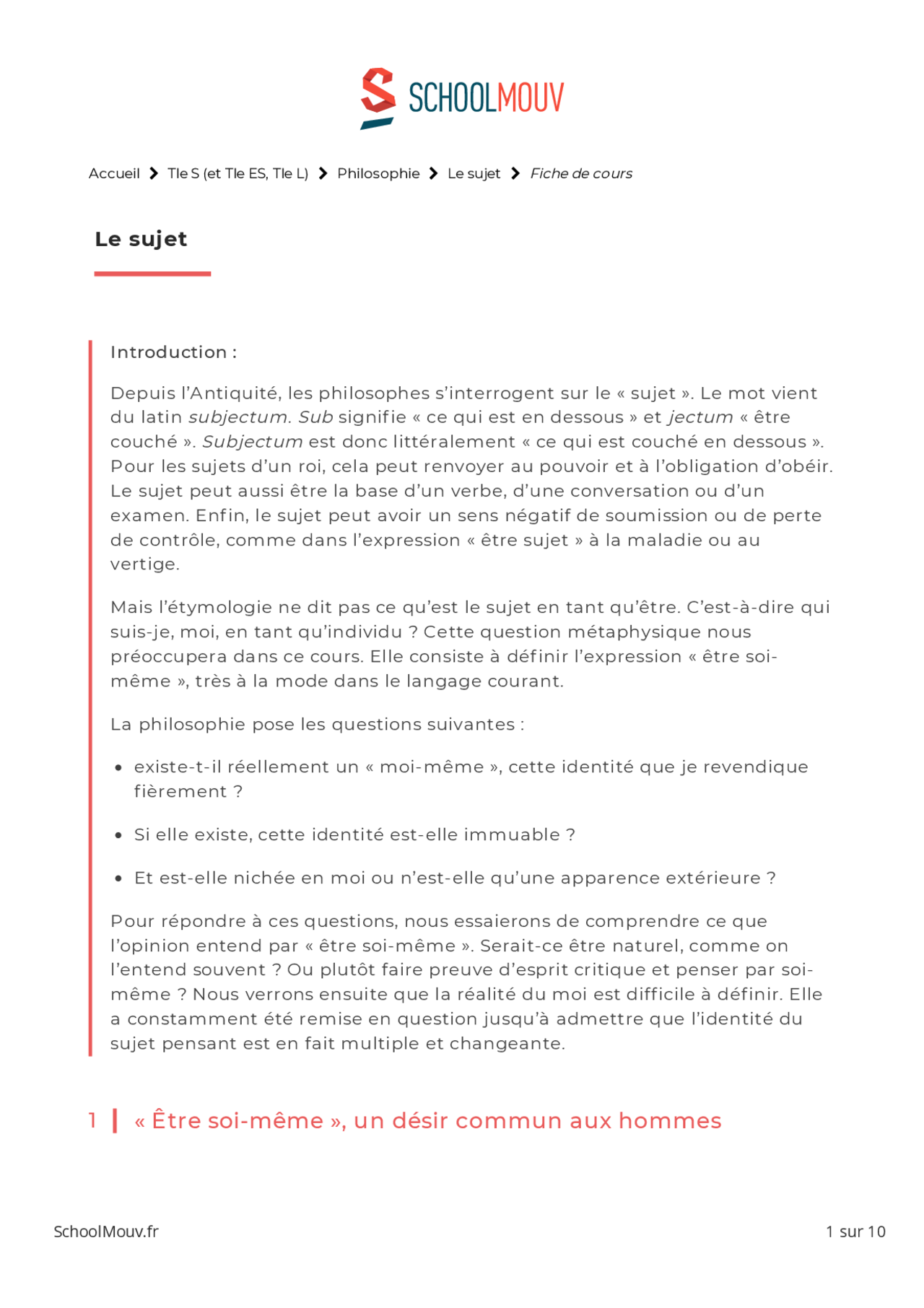 Le sujet en Philosophie | Fiche de cours | Lectures Philosophie - Docsity