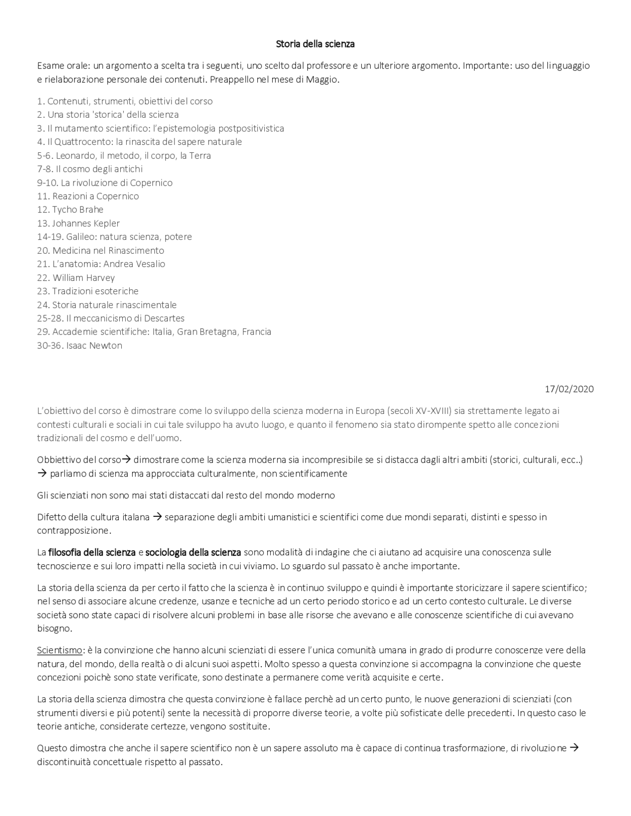 Storia Della Scienza Docsity