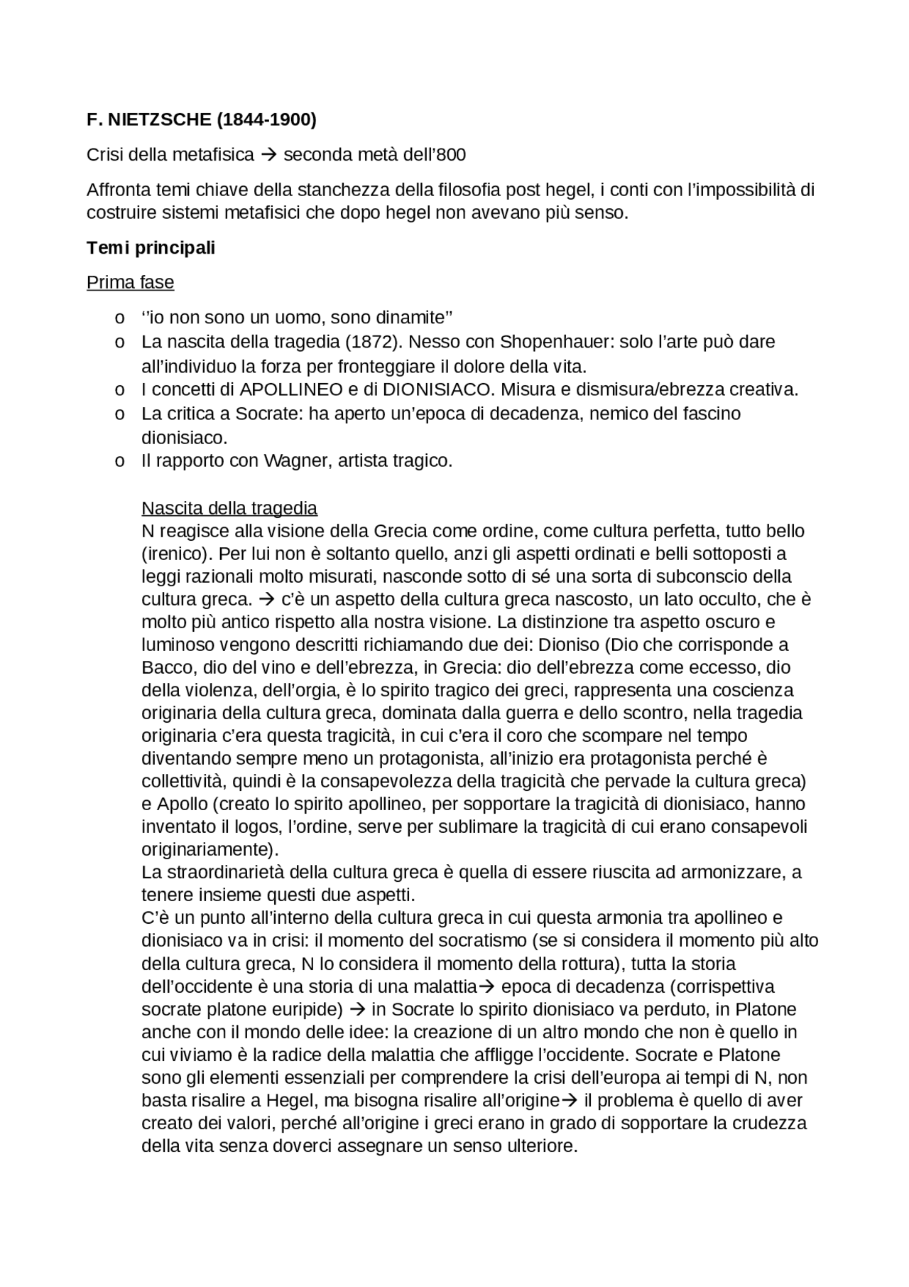 Nietzsche e il suo pensiero - Docsity