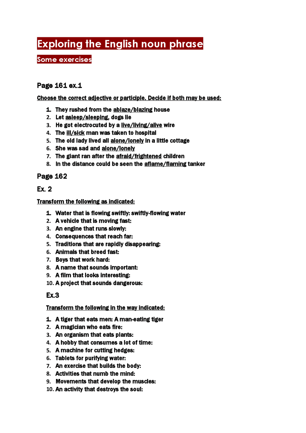 Some exercises from "Exploring the English noun phrase" | Esercizi di ...