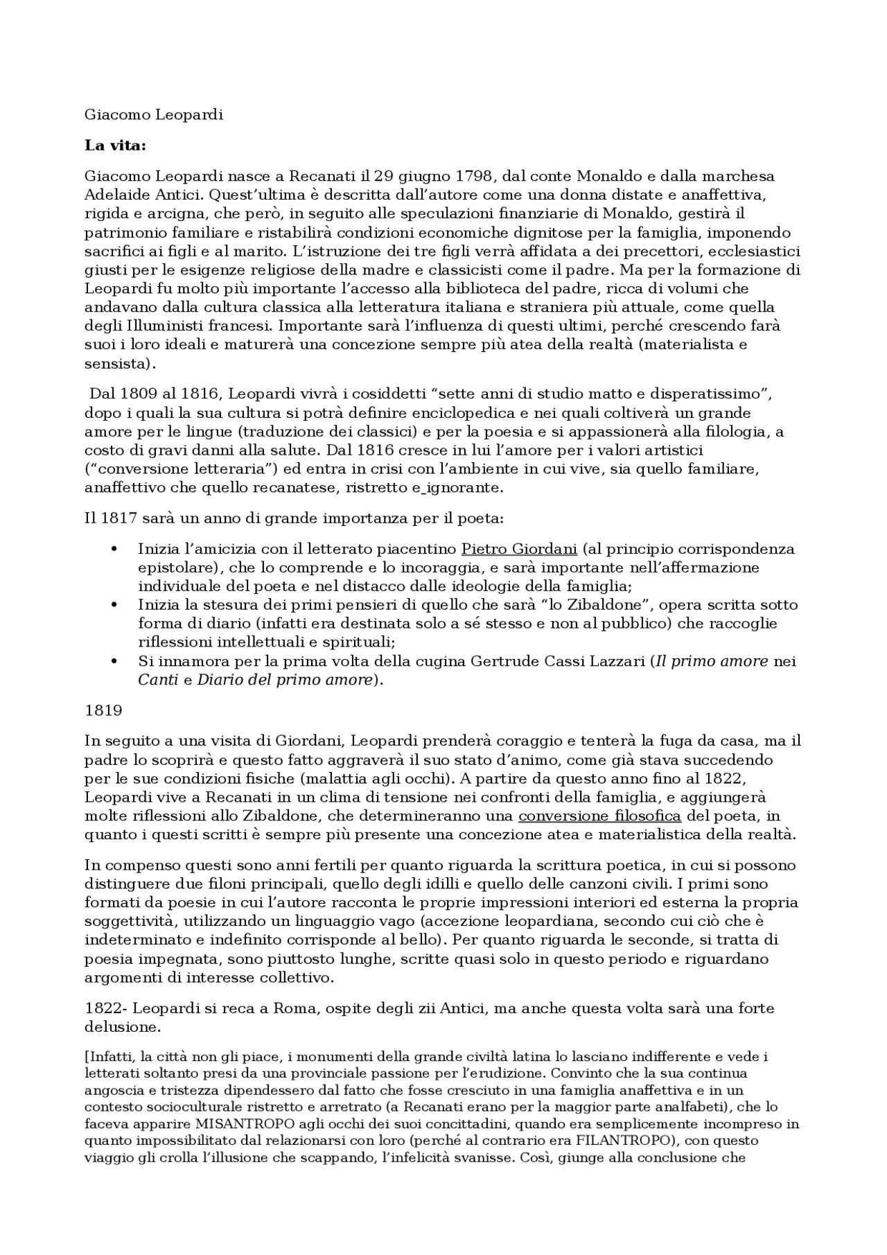 Sintesi Giacomo Leopardi Docsity