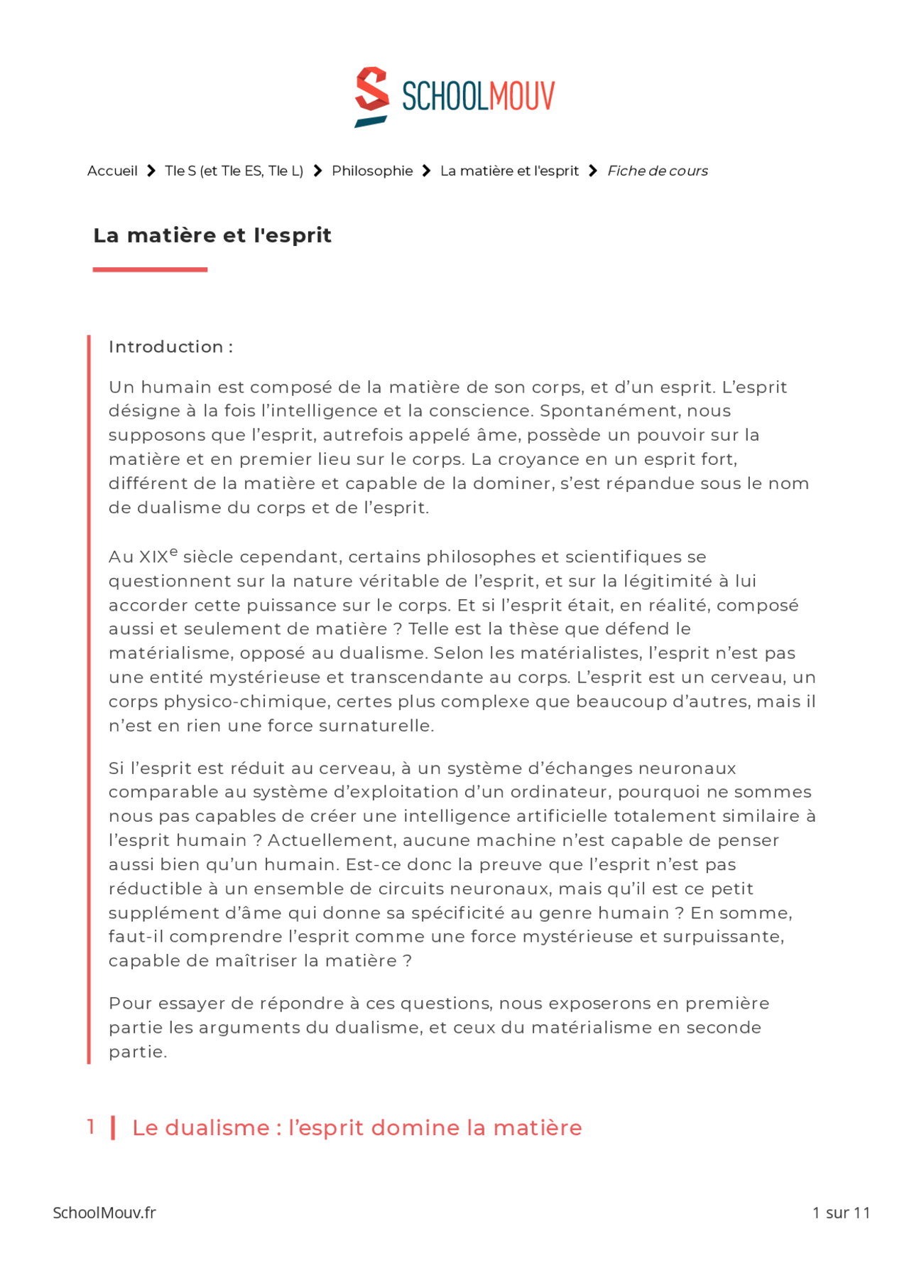 Le Dualisme entre la matière et l'esprit - Docsity