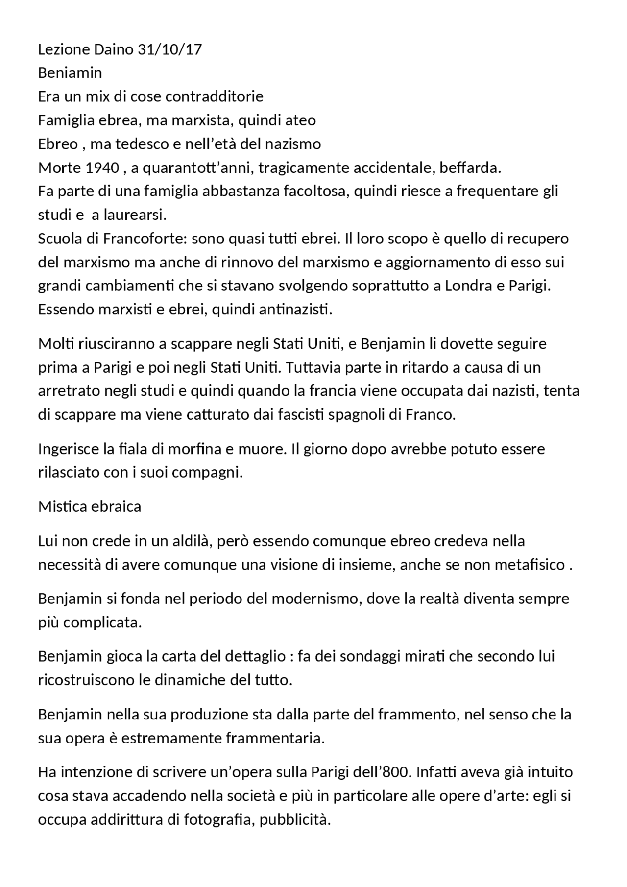 Benjamin Vita E Opere Docsity