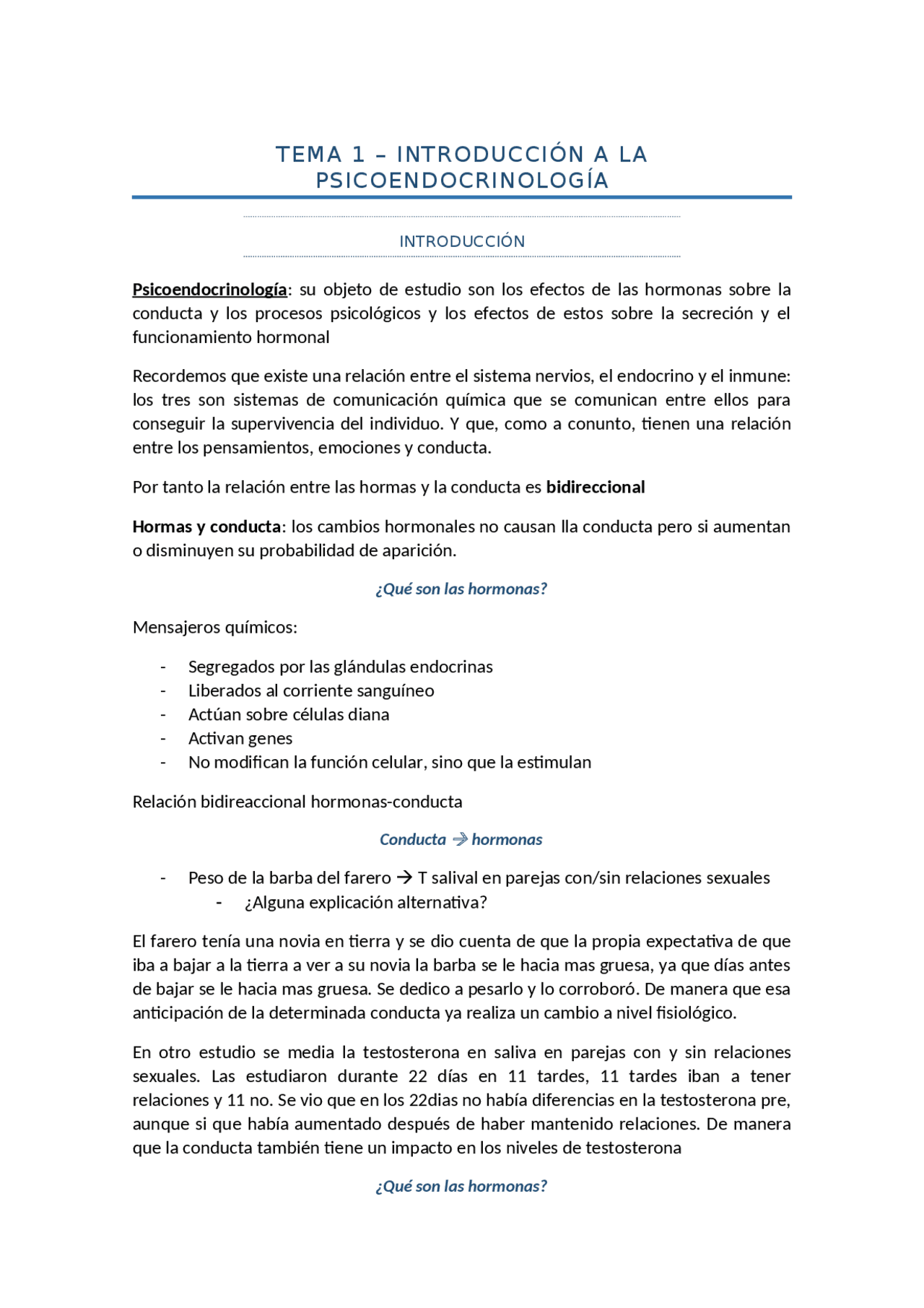 Apuntes Tema 1 Psicoendocrinología Docsity
