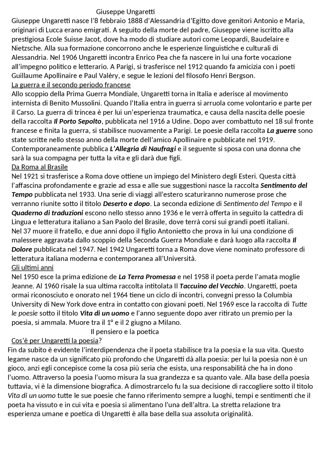 Giuseppe Ungaretti Vita E Opere Docsity