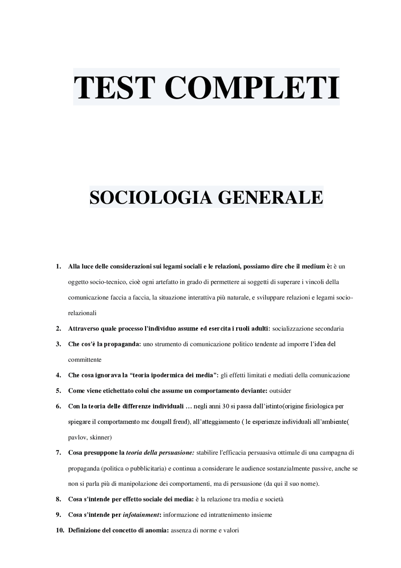 Test Pedagogia Generale Docsity