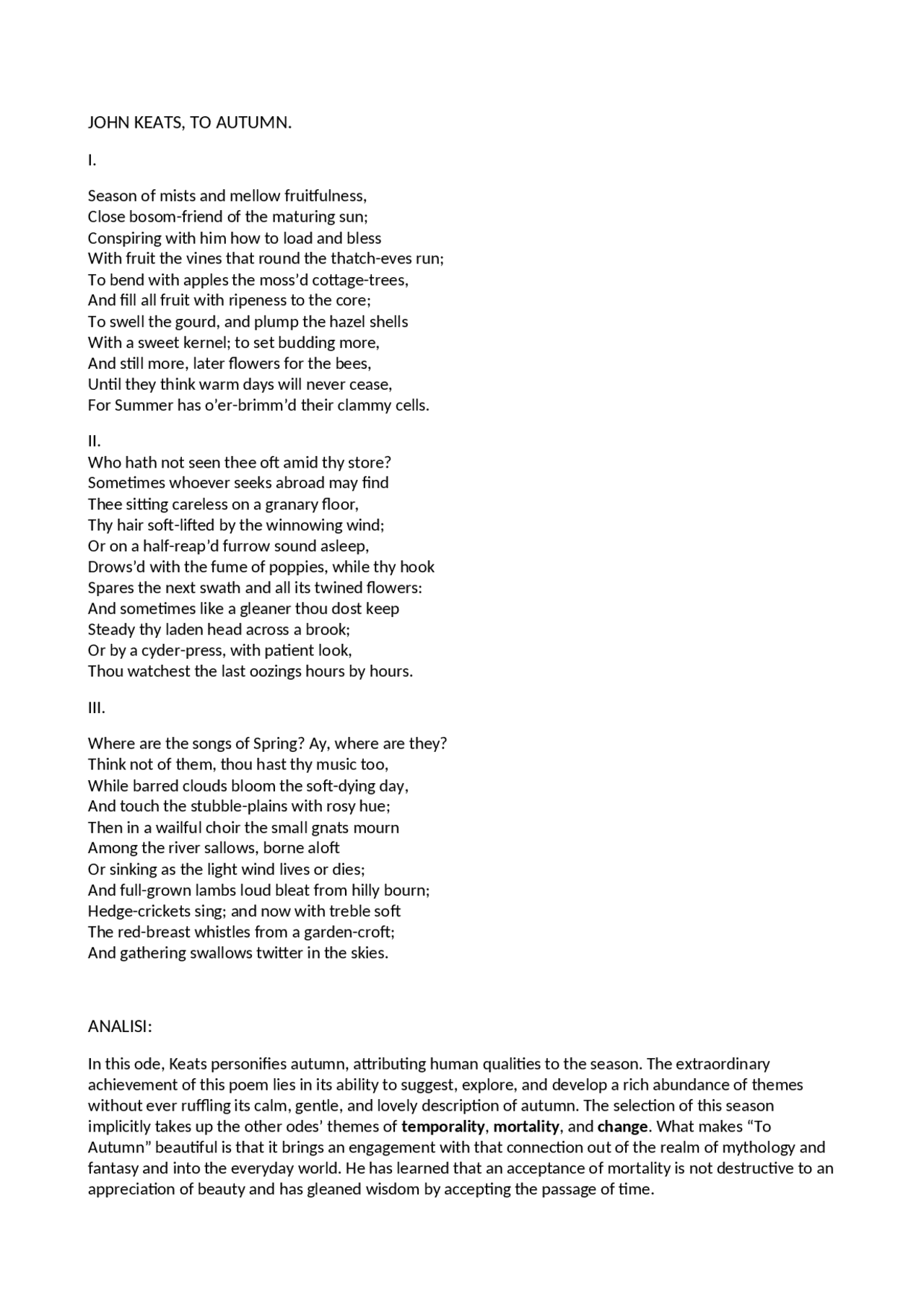 To Autumn - John Keats - Docsity