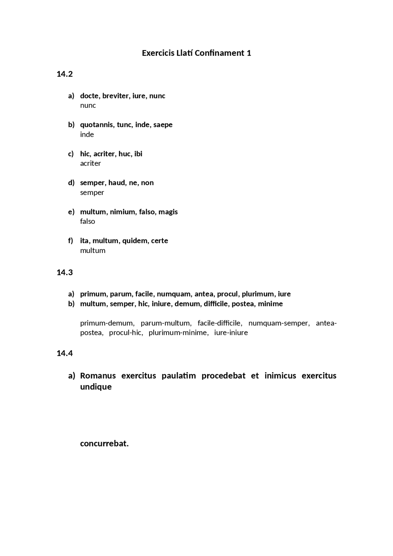 Ejercicios Latín 1º Batx U 14 Docsity