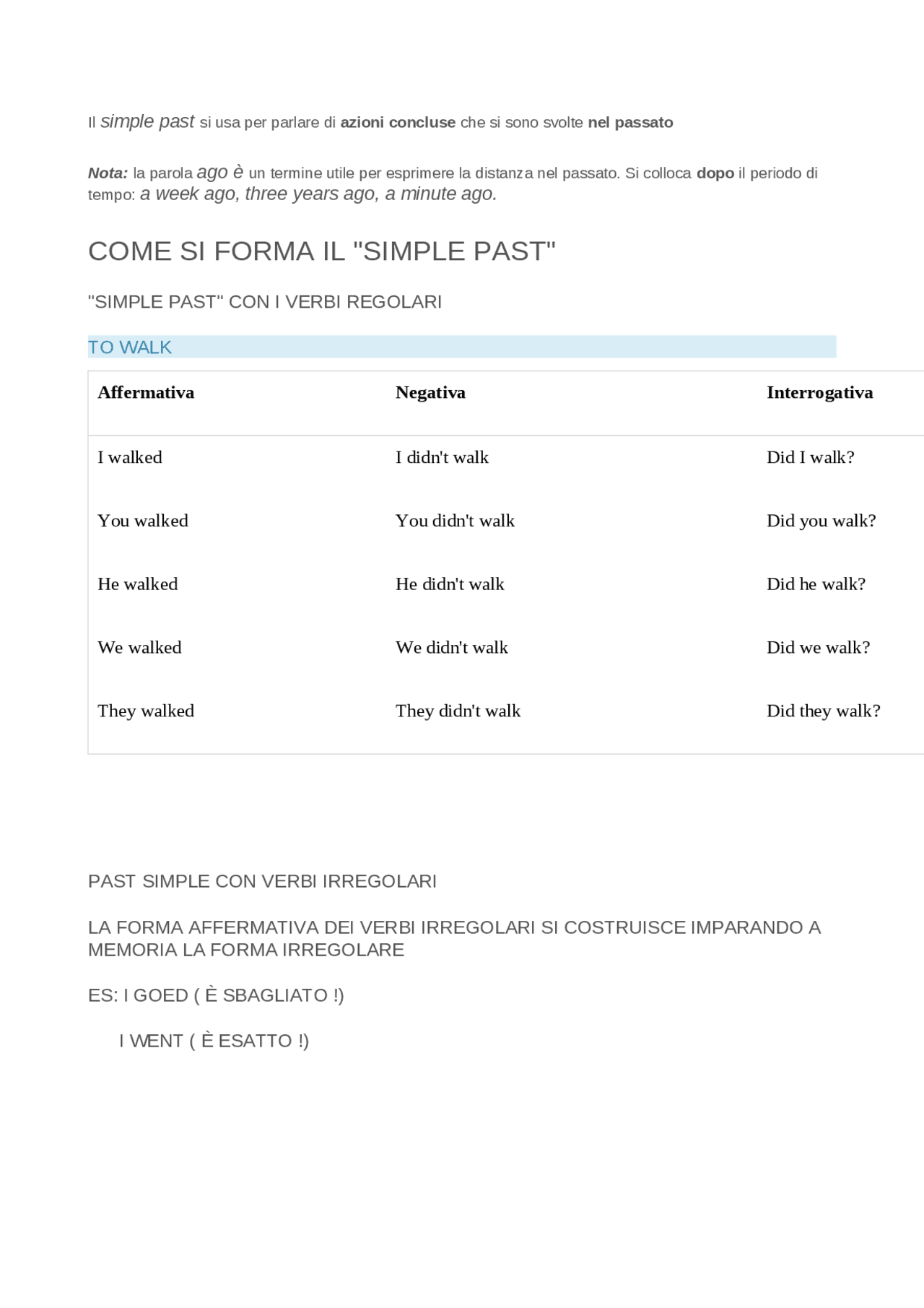 PAST SIMPLE (GRAMMATICA INGLESE) - Docsity