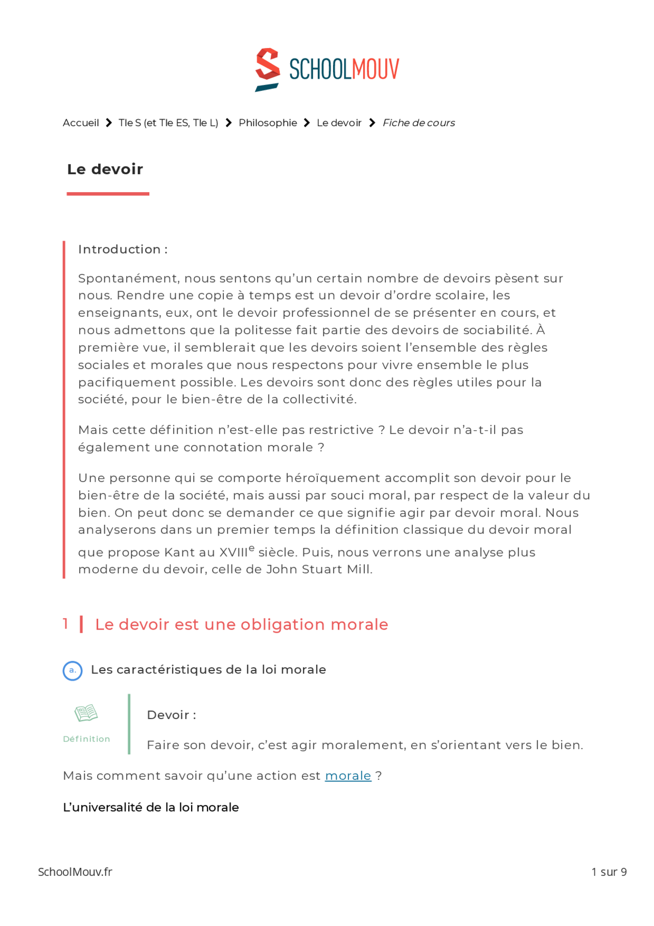 Le devoir comme obligation morale - Docsity