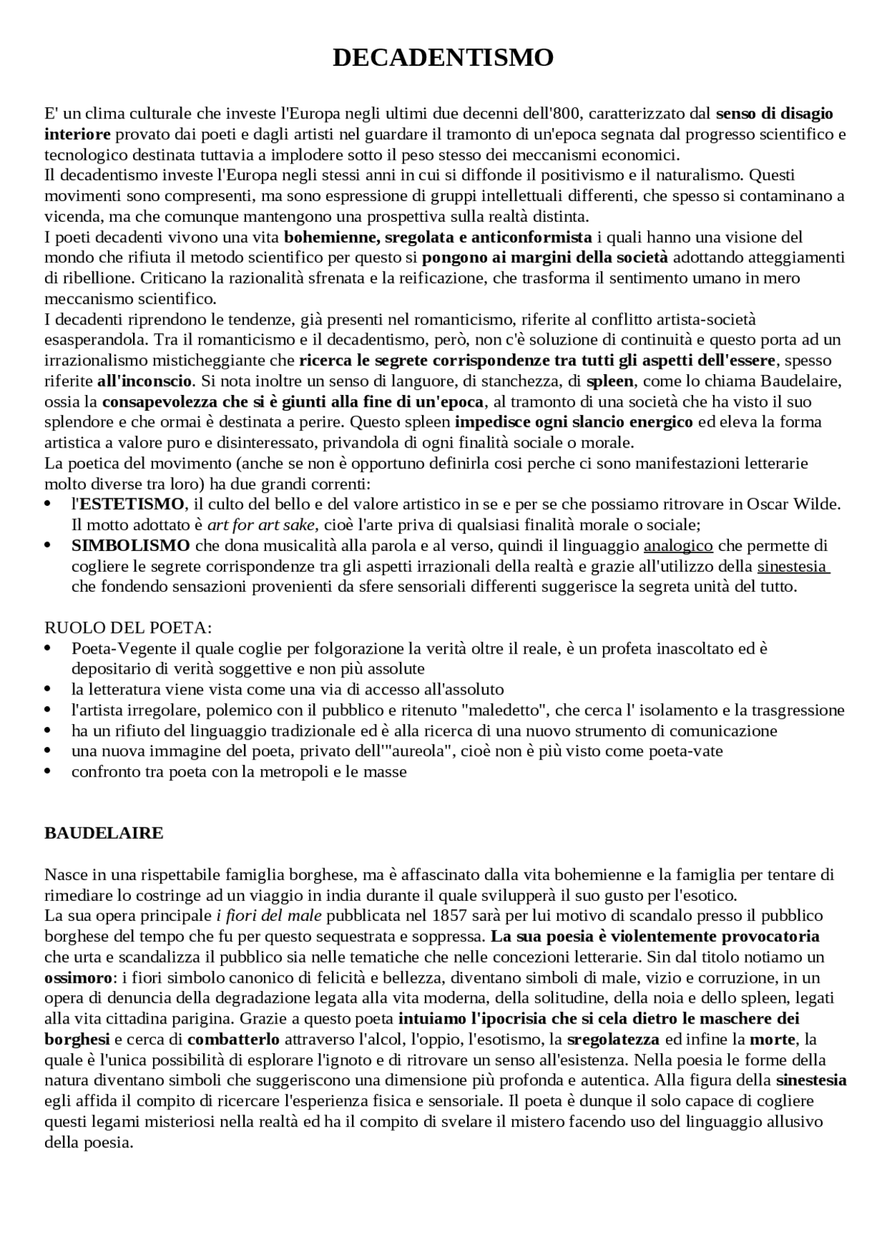 Decadentismo E Baudelaire Docsity