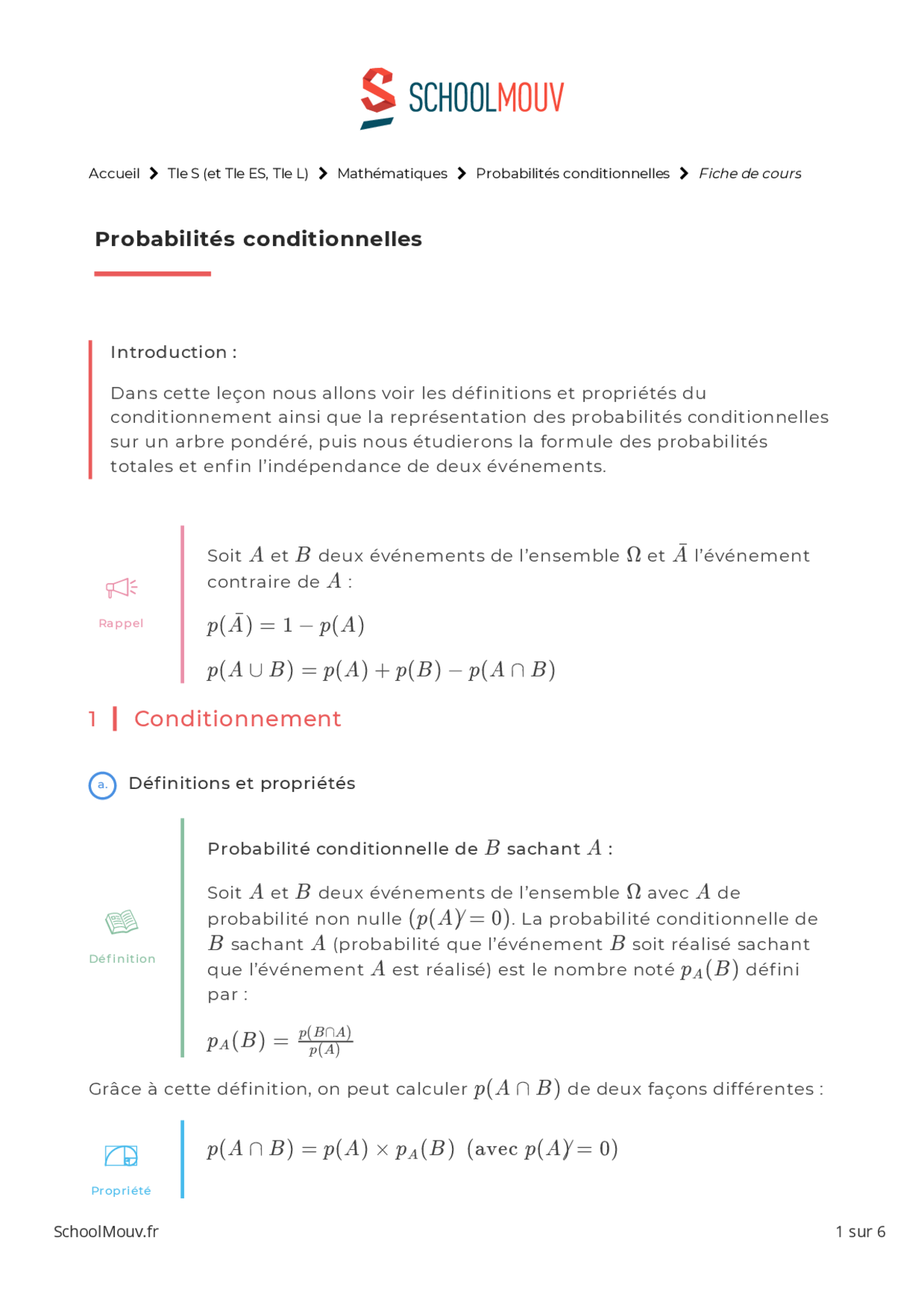 Probabilités conditionnelles: définitions et formules - Docsity
