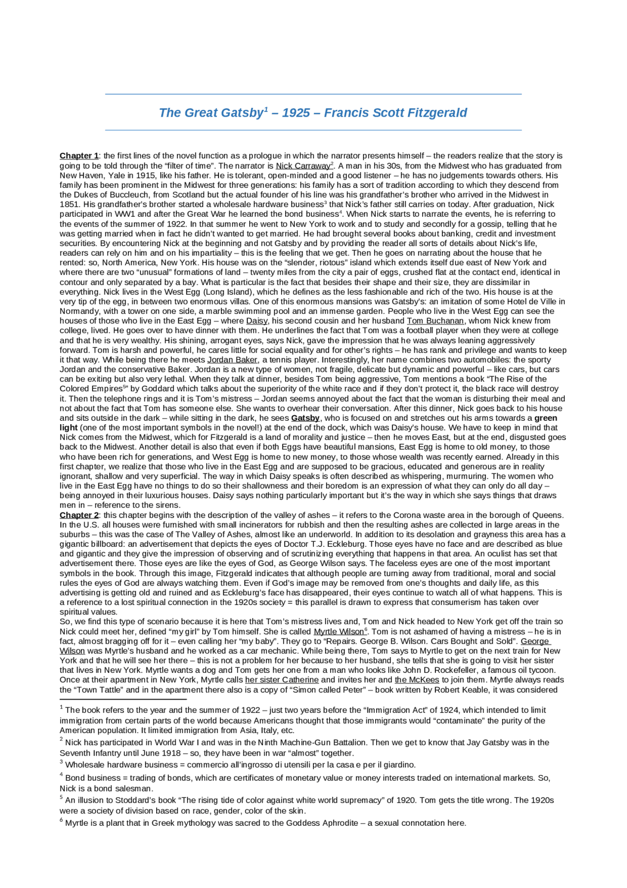 Fitzgerald The Great Gatsby notes - Docsity