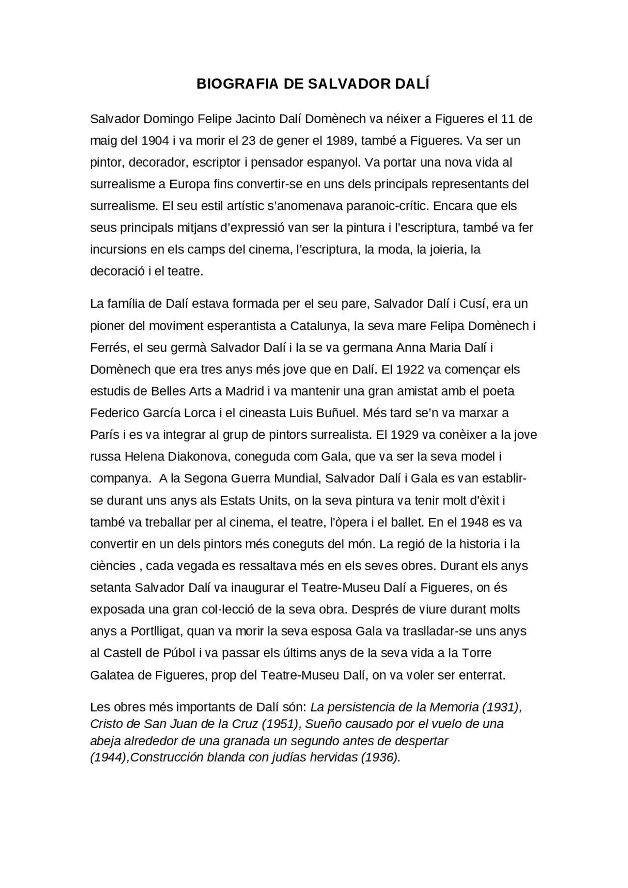 Biografía Salvador Dalí - Docsity