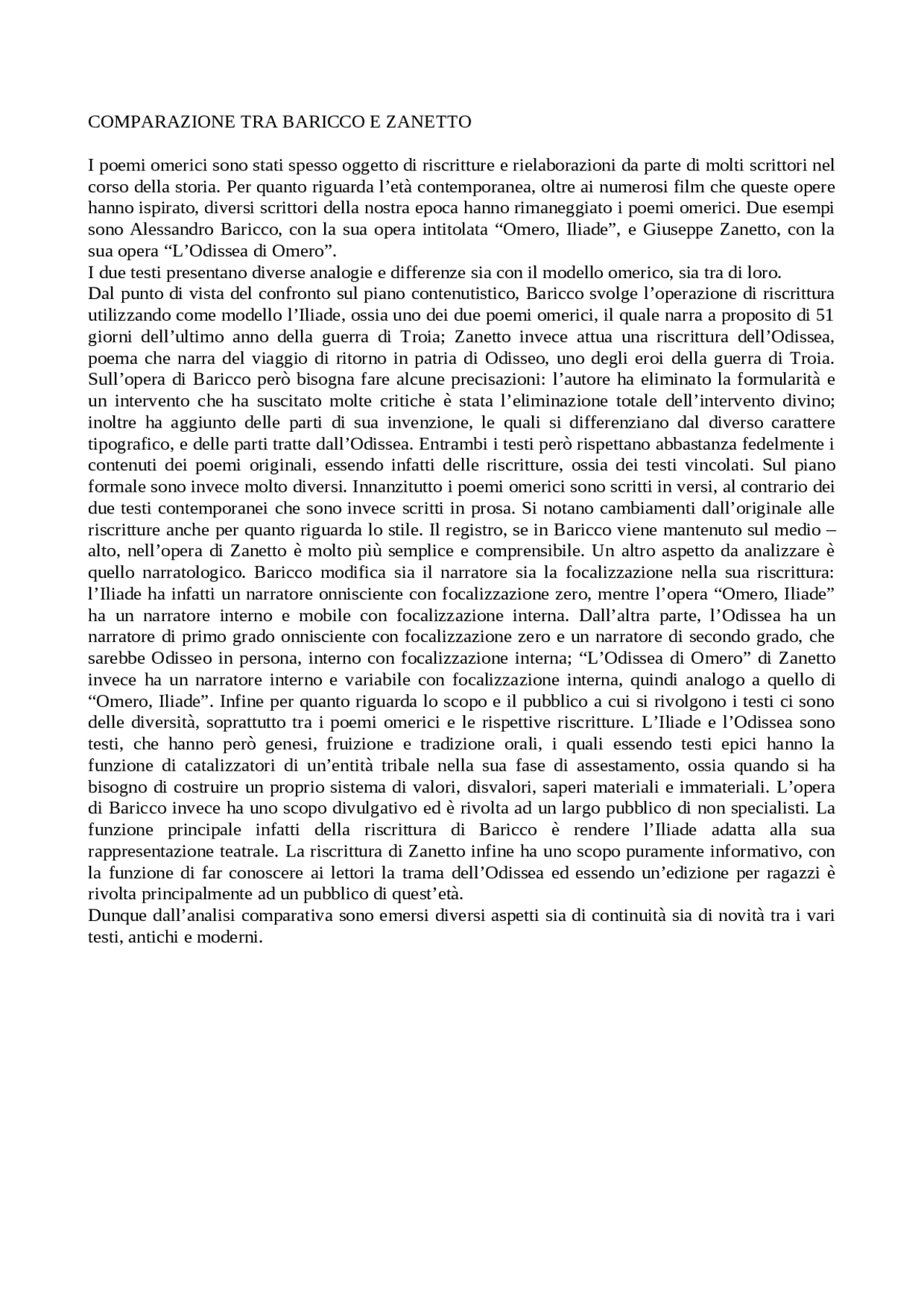 Comparazione Tra Alessandro Baricco E Giuseppe Zanetto Docsity