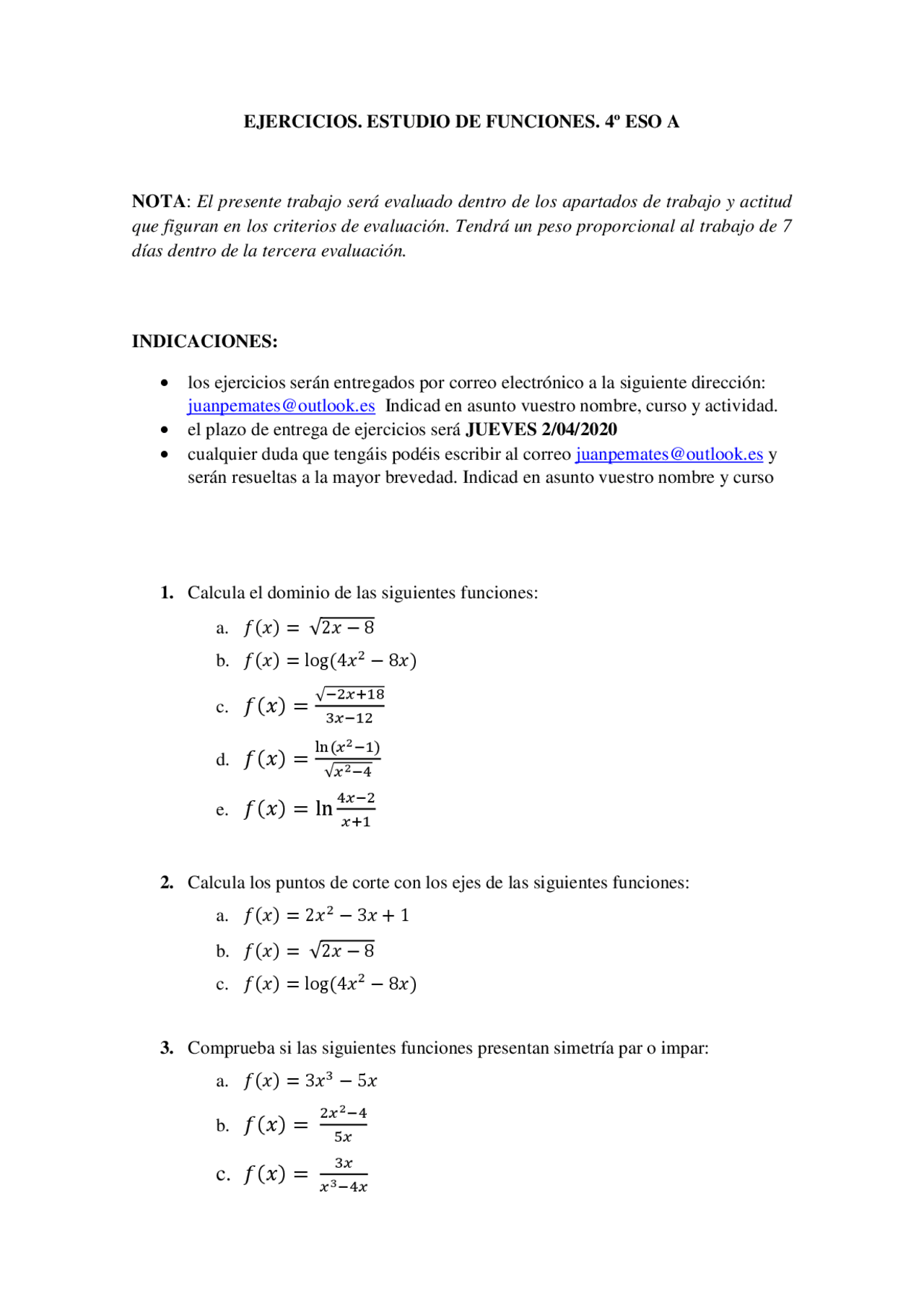 Ejercicios de funciones | Ejercicios de Matemáticas | Docsity