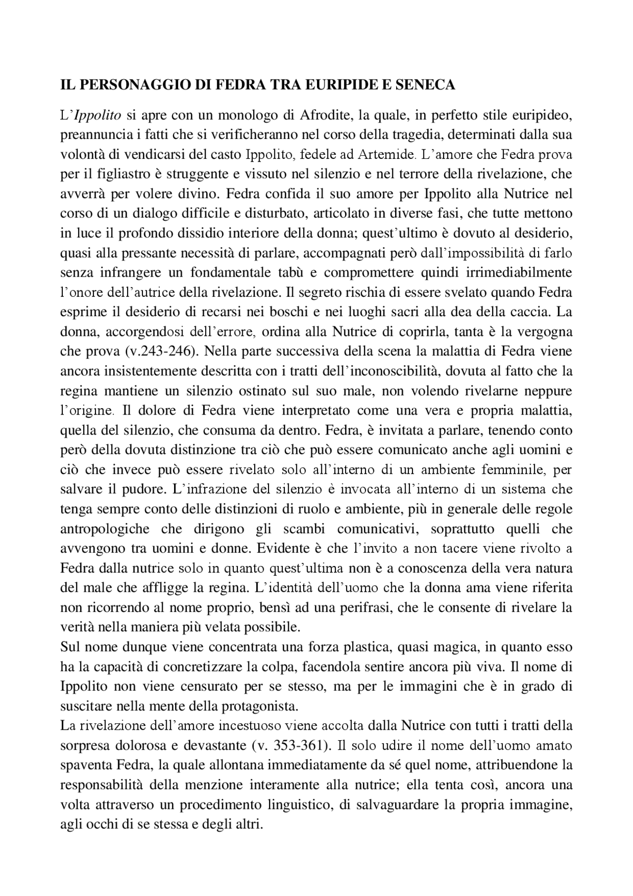 IL PERSONAGGIO DI FEDRA TRA EURIPIDE E SENECA - Docsity