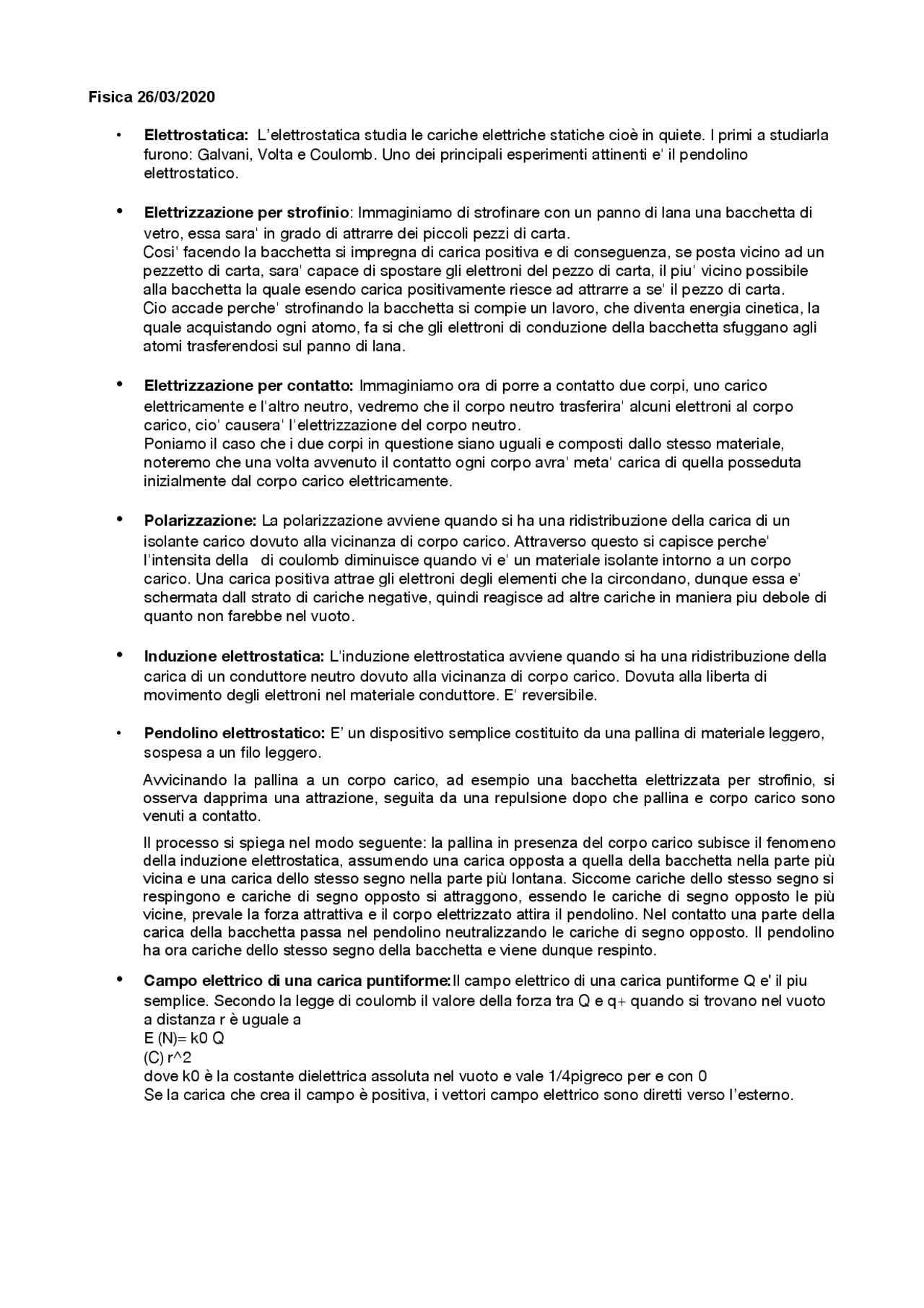 Elettrostatica Punti Cardini Riassunto Docsity