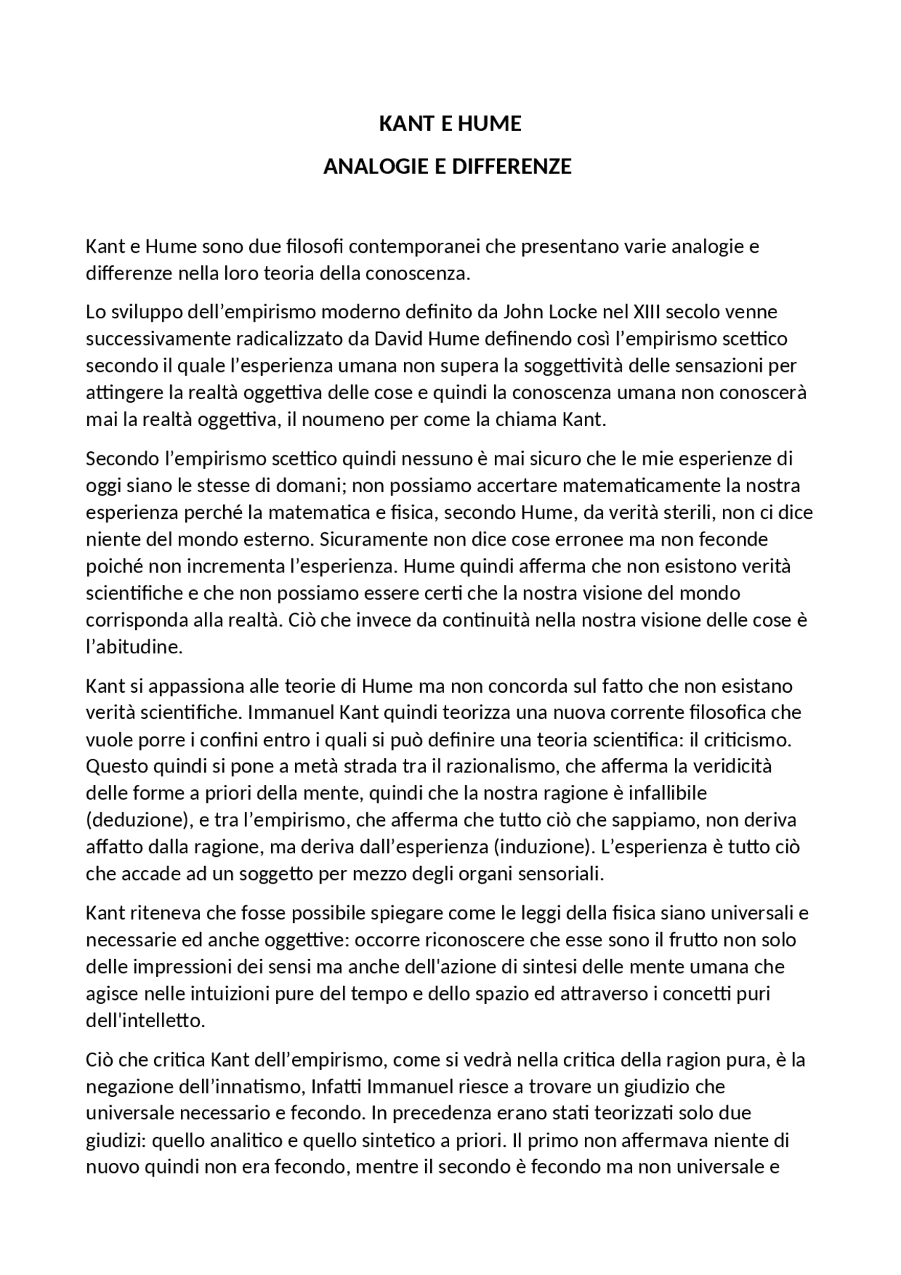 Kant E Hume Analogie E Differenze Docsity