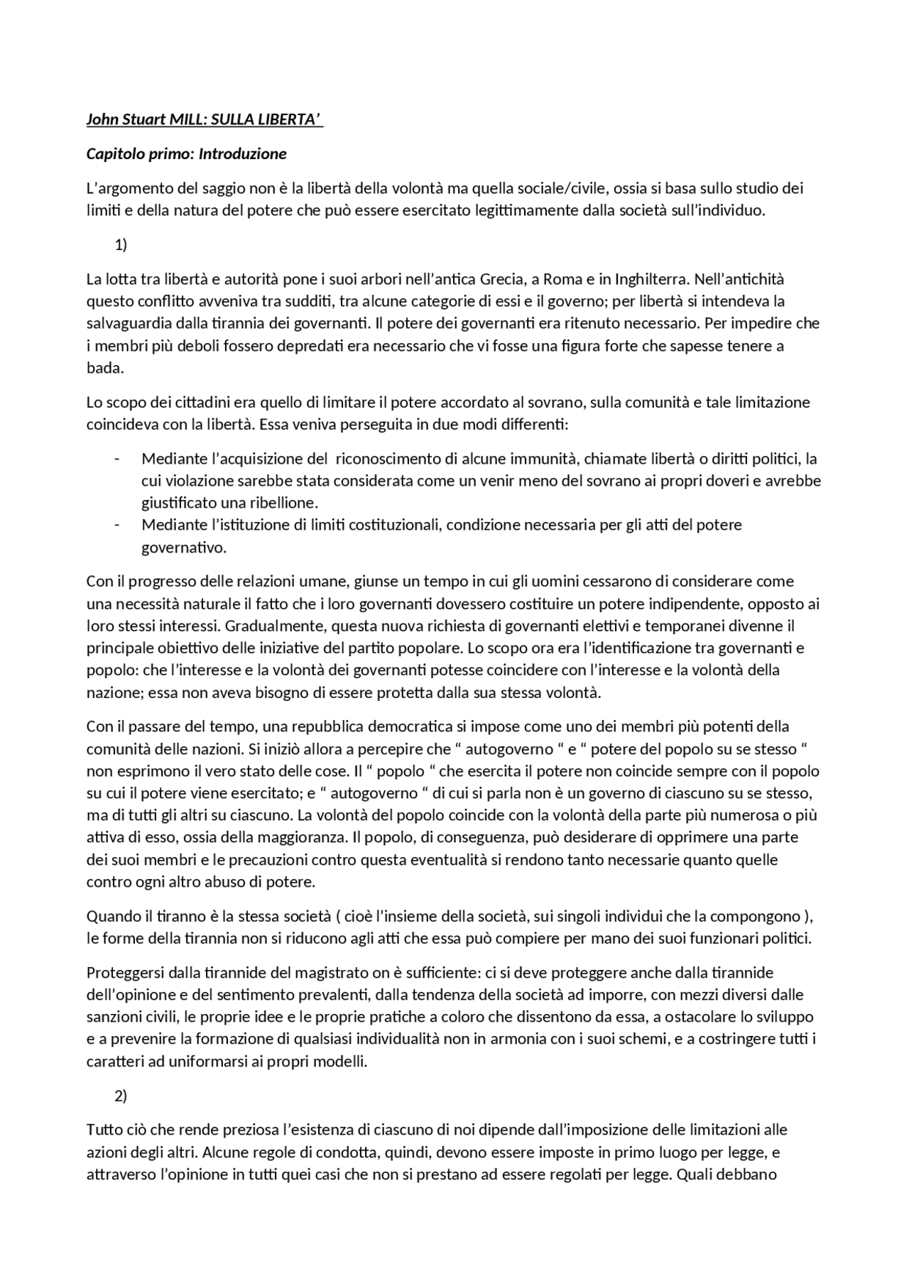 Sulla Libertà Riassunto Docsity