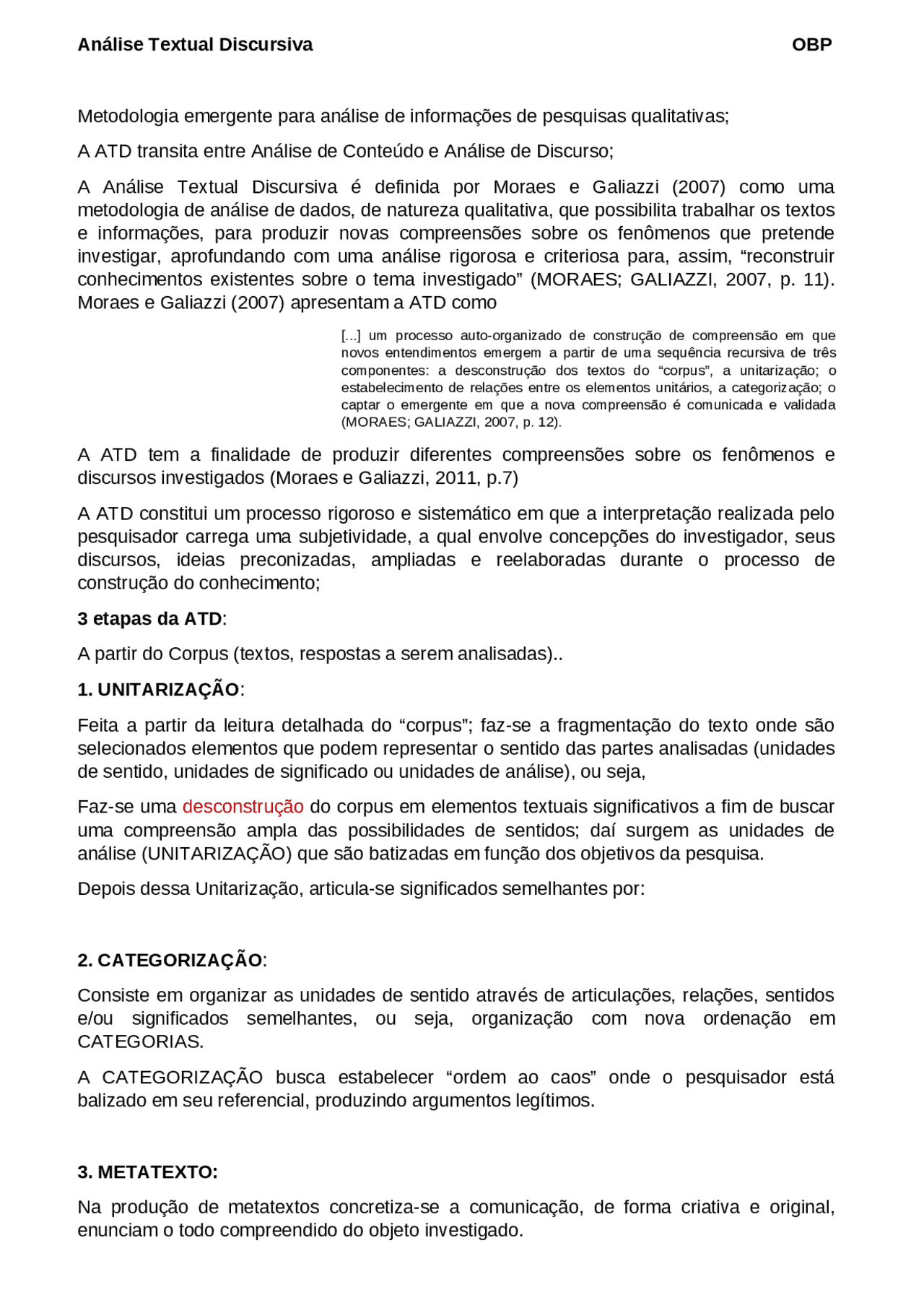 Resumo ATD análise textual discursiva | Resumos Método de Ensino - Docsity