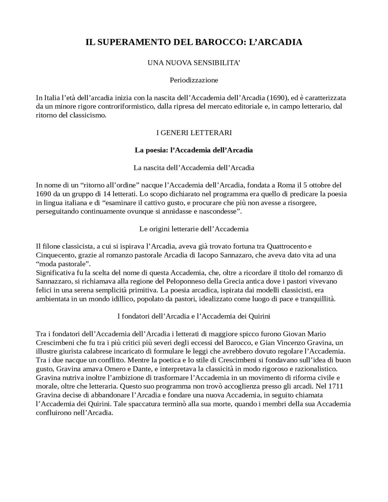 Il superamento del barocco: l'età dell'arcadia - Docsity