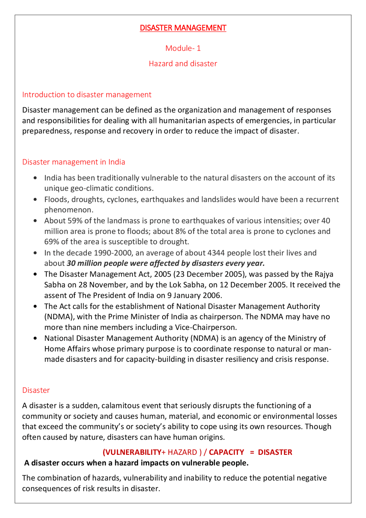 Disaster Managment notes for 3rd year - Docsity