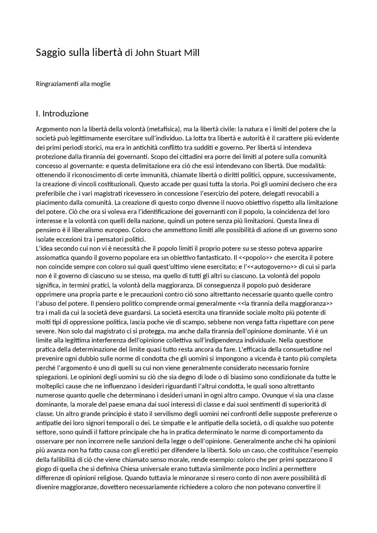 Saggio sulla Libertà di John Stuart Mill - Docsity