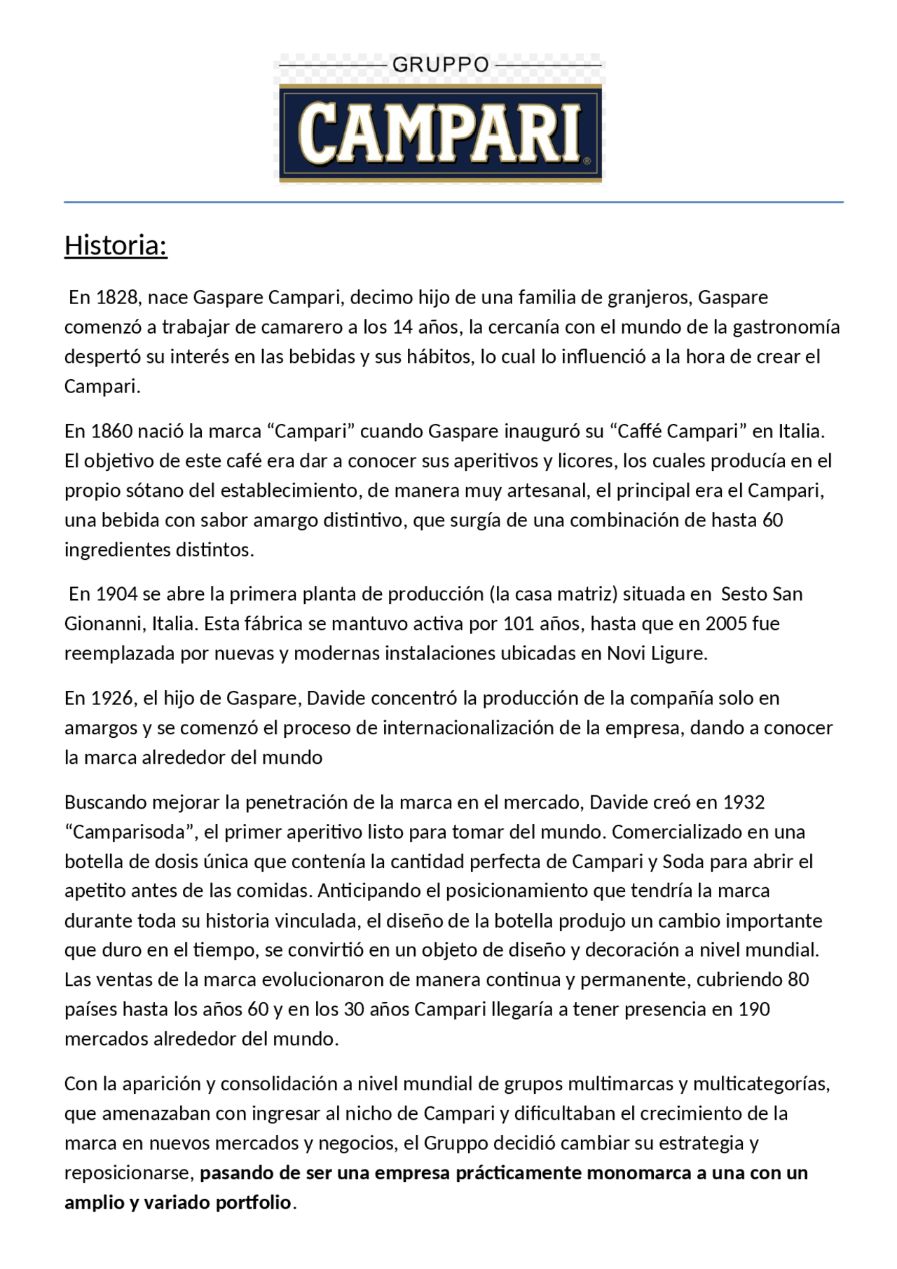 Análisis de la empresa Campari - Docsity