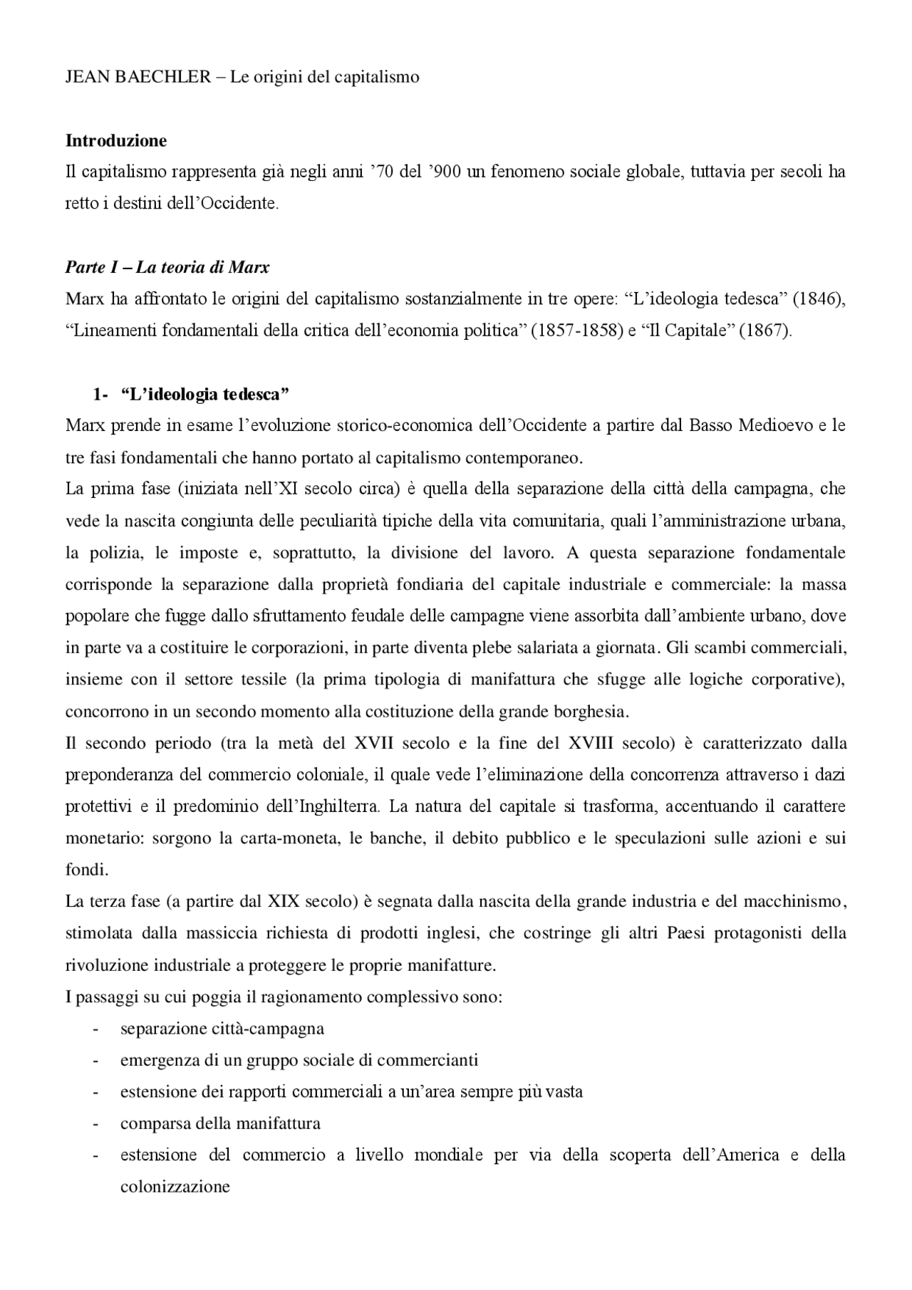 Jean Baechler - LE ORIGINI DEL CAPITALISMO (riassunto) - Docsity