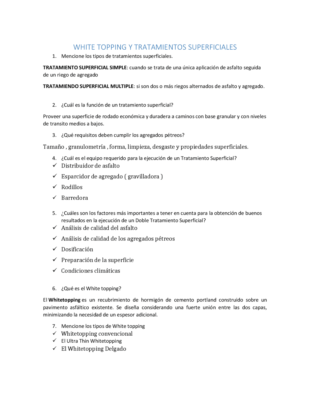 White topping y tratamientos superficiales - Docsity