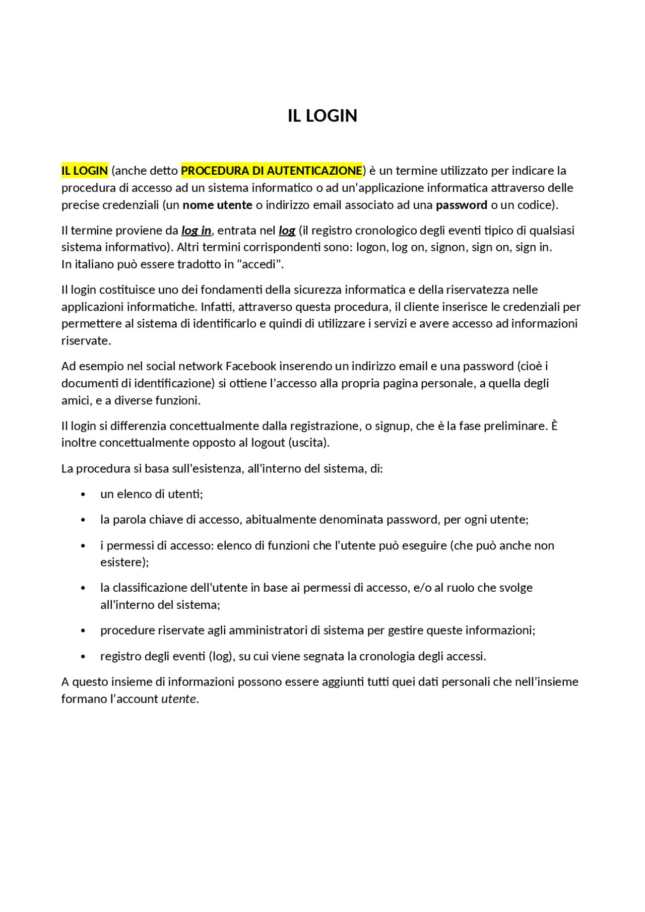 Login (esercitazione) | Esercizi di Psicologia del Lavoro | Docsity