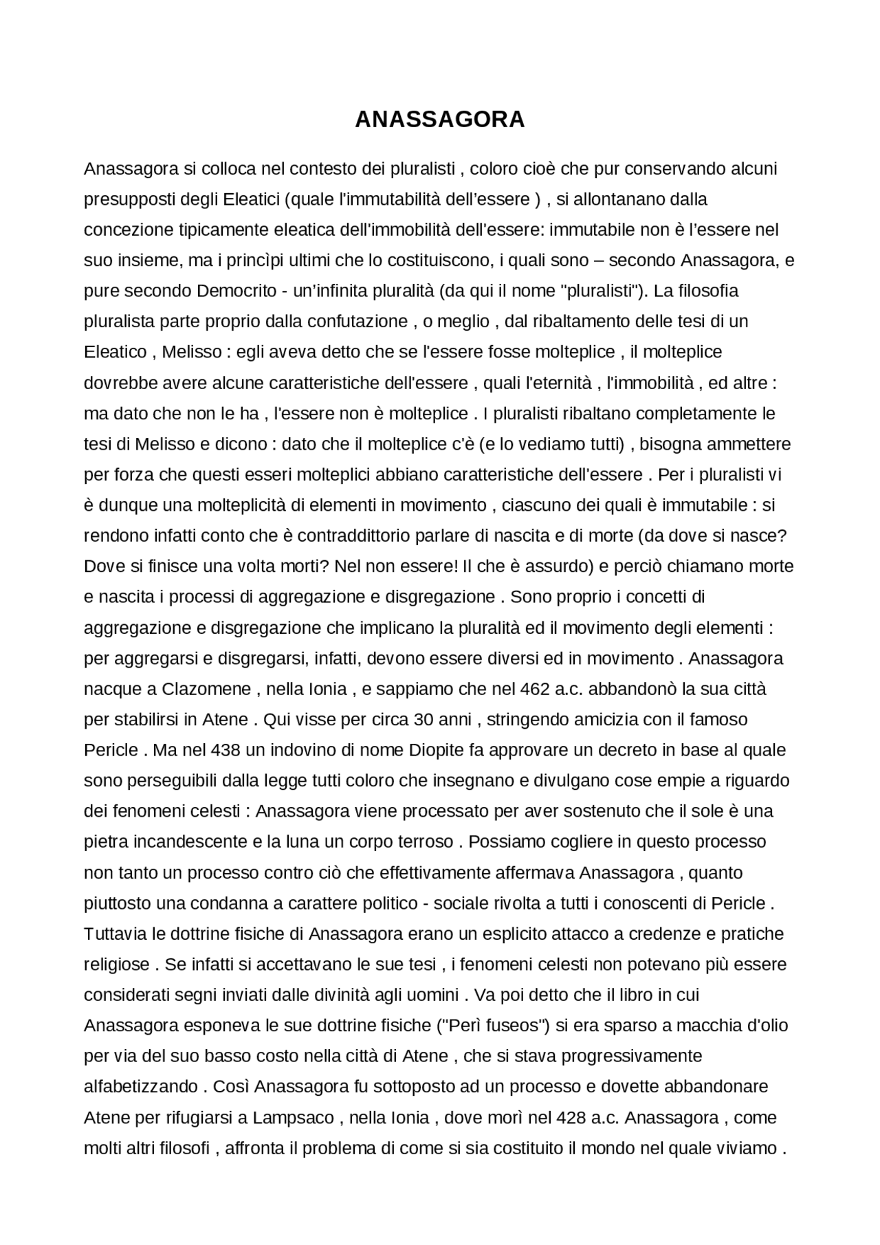 Anassagora riassunto filosofia | Appunti di Filosofia | Docsity