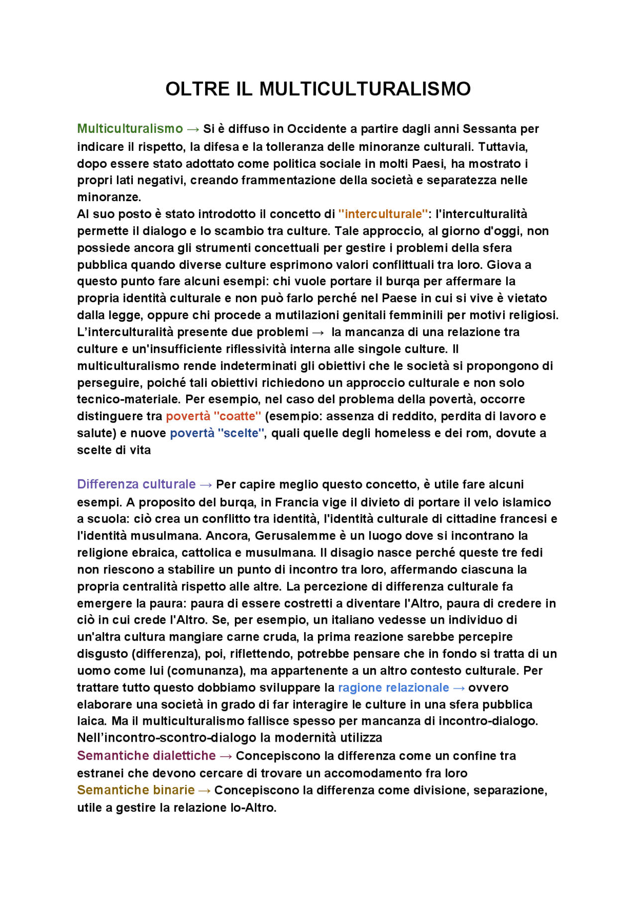 Riassunto del libro 'OLTRE IL MULTICULTURALISMO' - Donati - Docsity