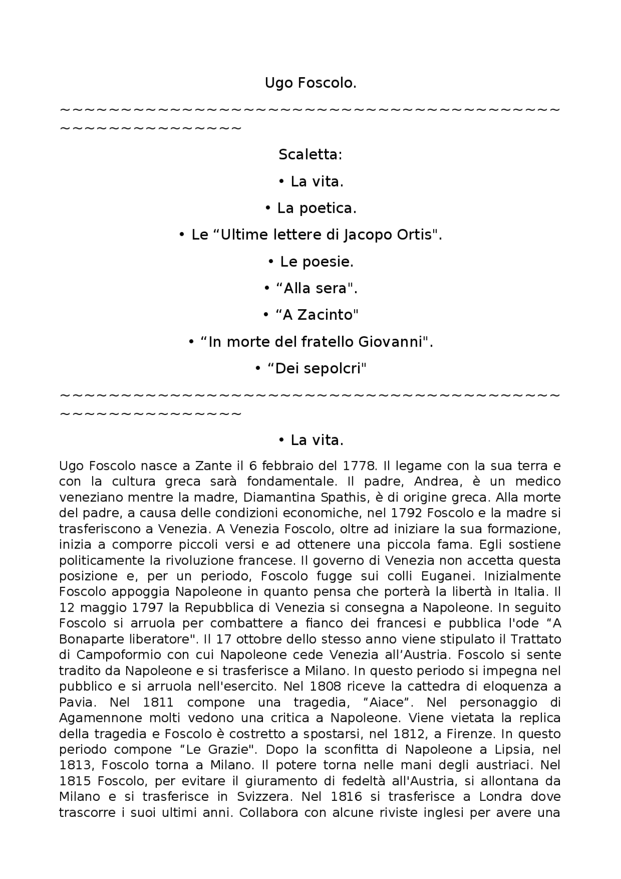 Ugo Foscolo Vita Poetica E Opere Docsity