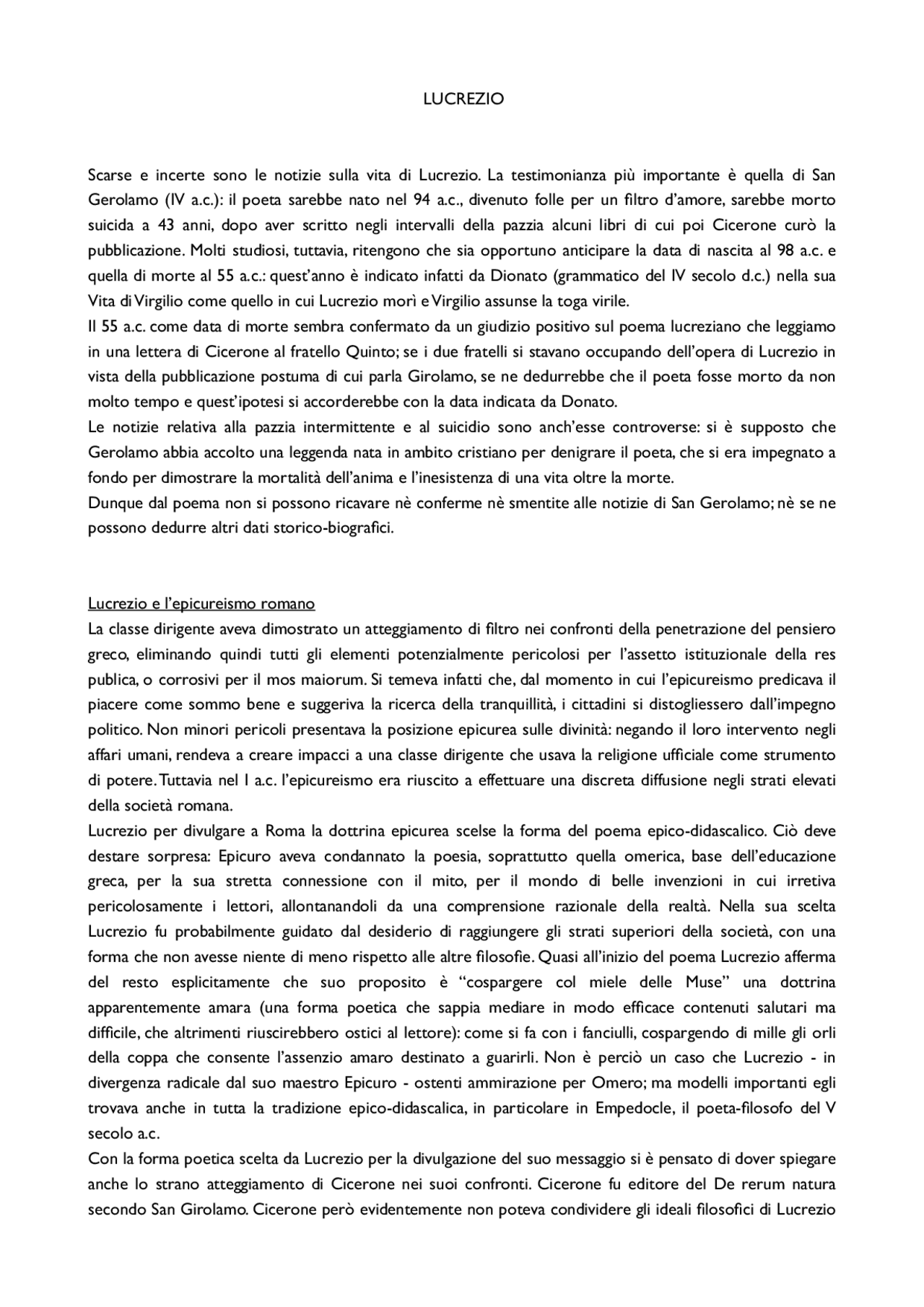 Lucrezio: vita e opera - Docsity