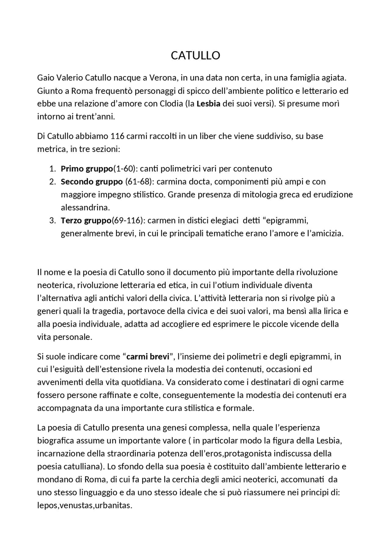 Catullo biografia,poetica e opere principali - Docsity