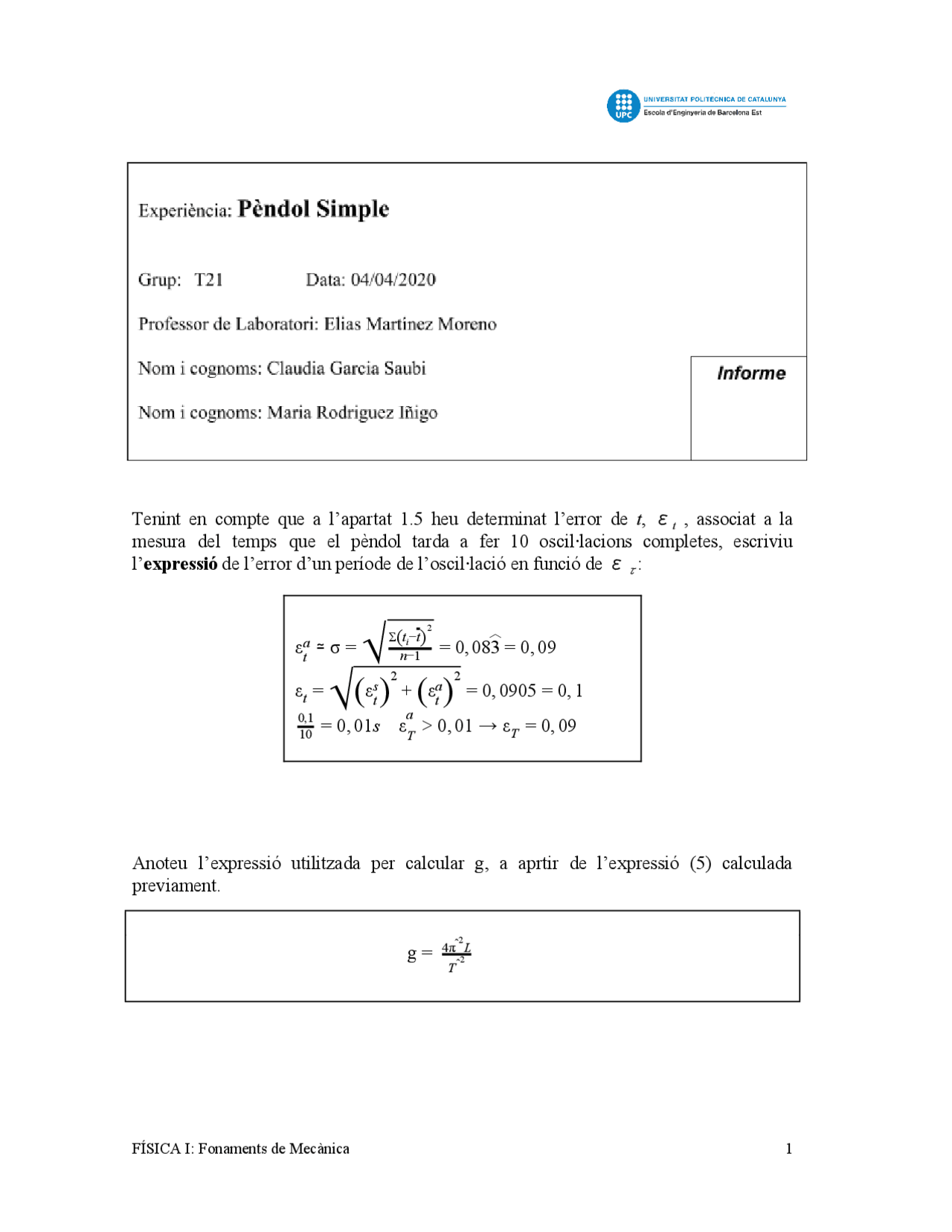 Pràctica Pendol Simple | Guías, Proyectos, Investigaciones de Física ...