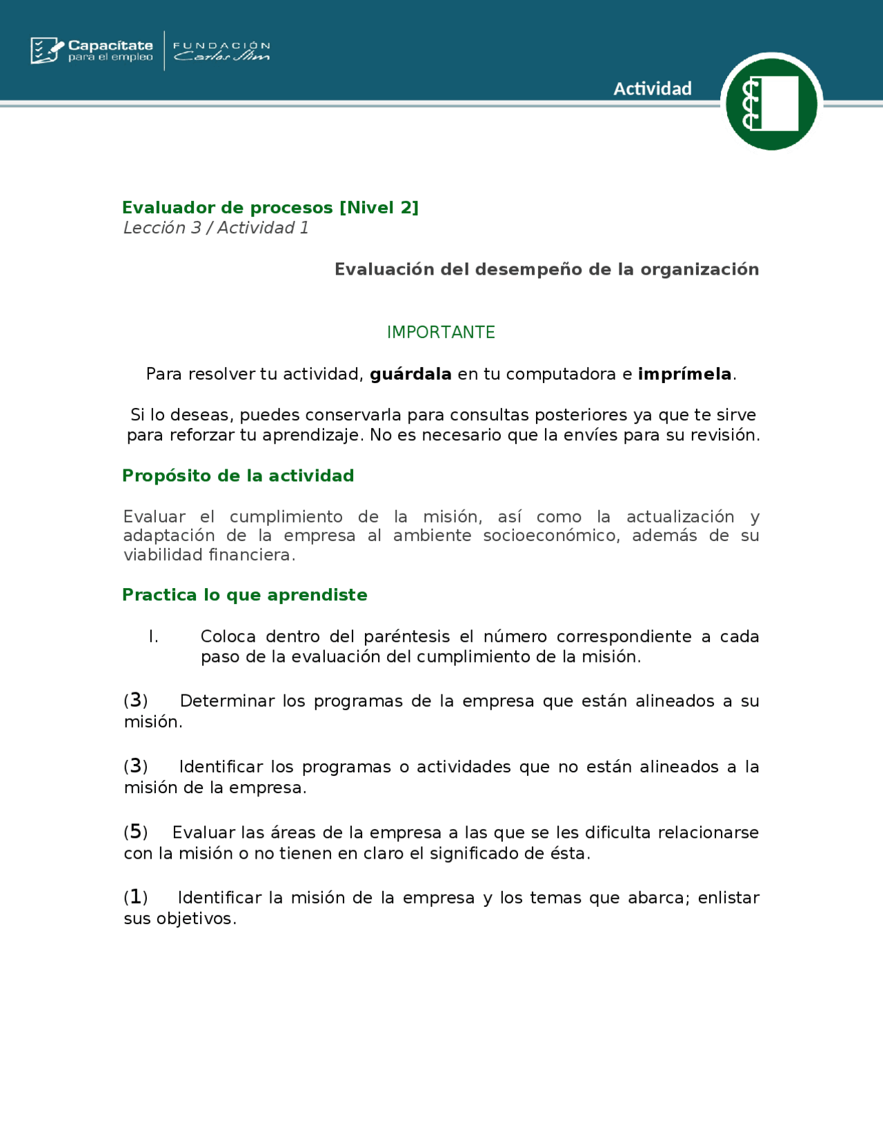 Evaluador de procesos: evaluación del desempeño de la organización. | Exercícios de ...