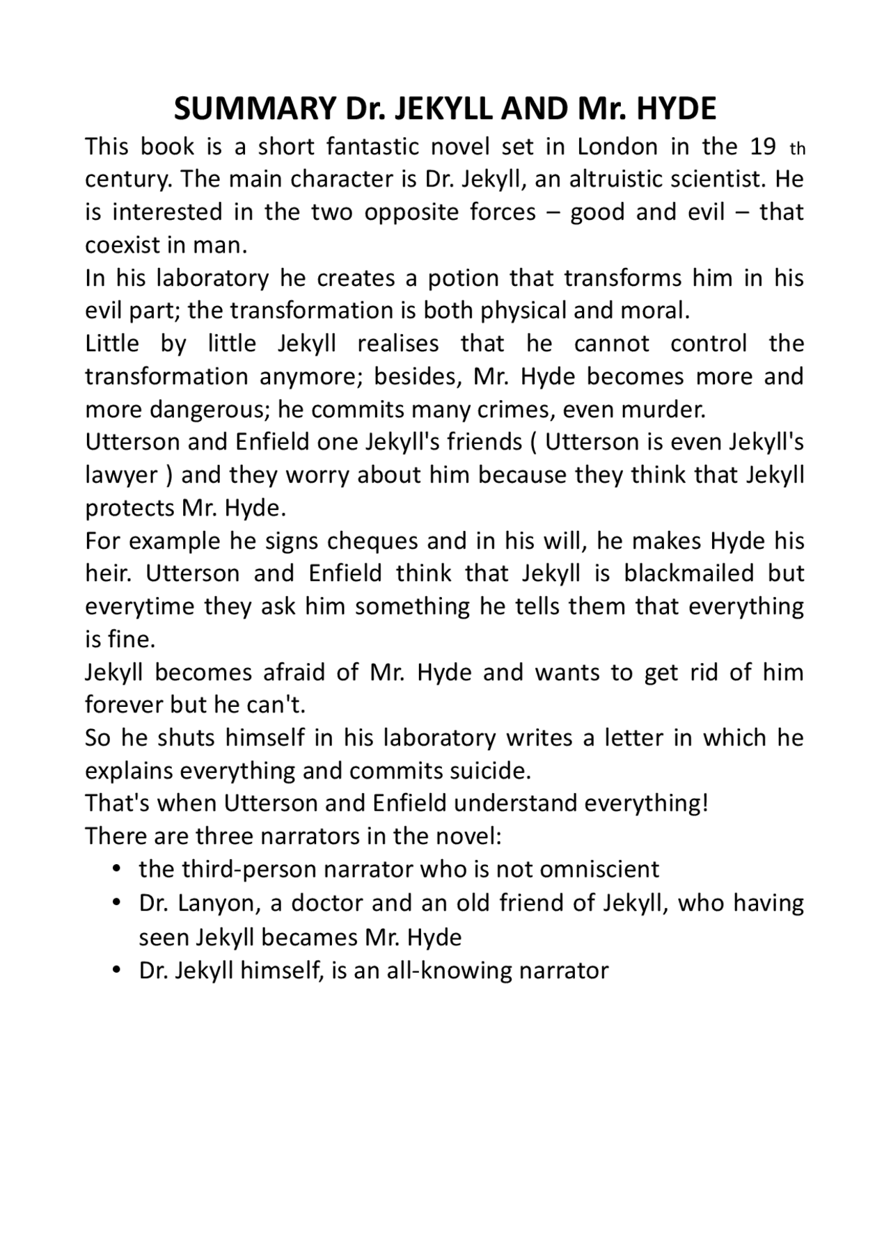 Riassunto In Inglese Del Libro Dr Jekyll E Mr Hyde Docsity