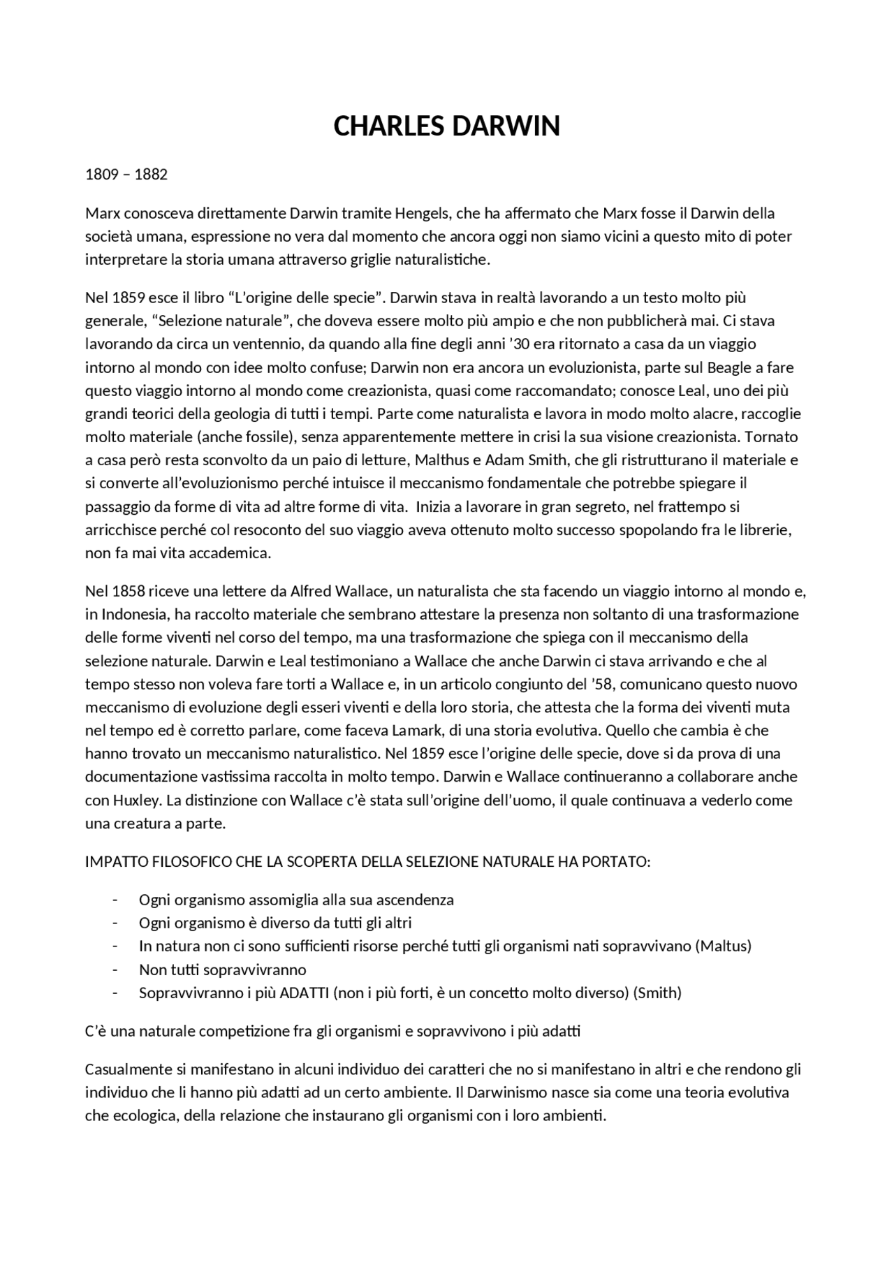 RIASSUNTO CHARLES DARWIN - Docsity