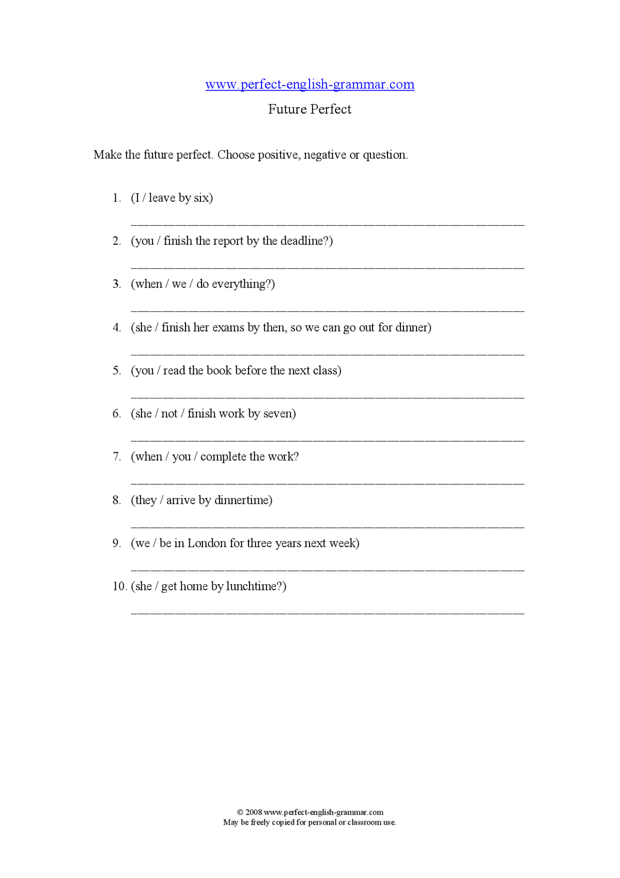 Future Perfect excersices - Docsity