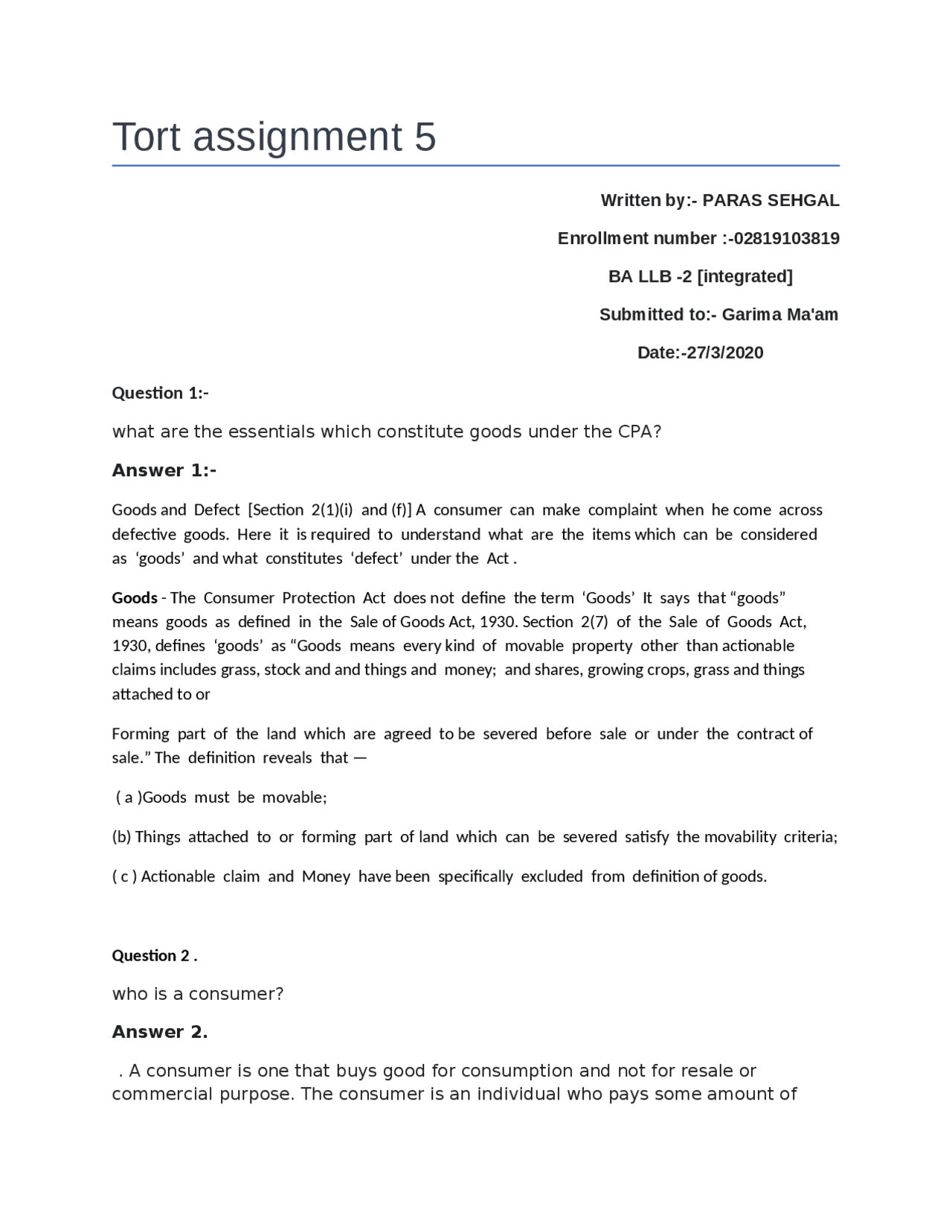 Law Of Torts Assignment Docsity