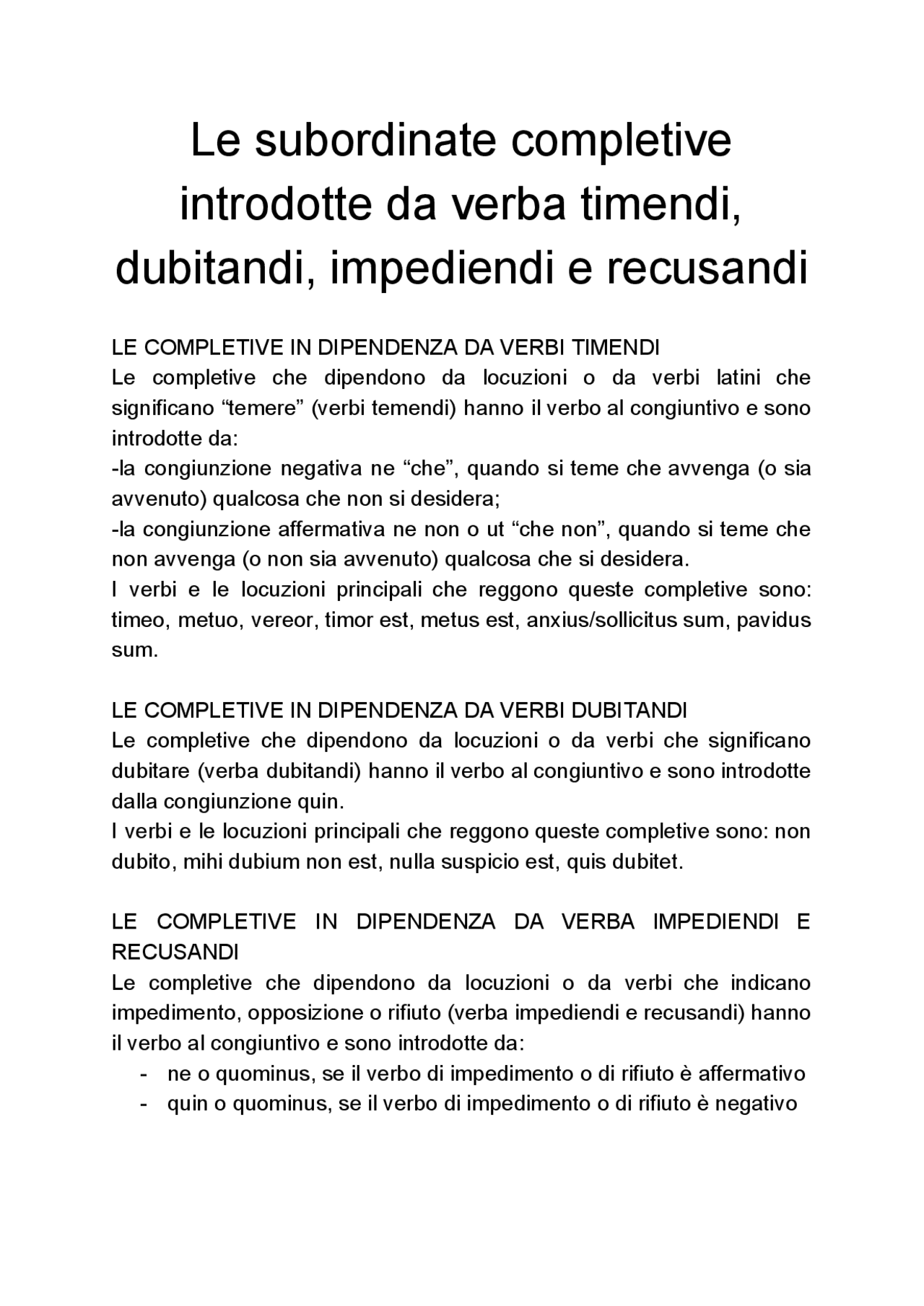 Le subordinate completive introdotte da verba timendi, dubitandi, impediendi e recusandi - Docsity