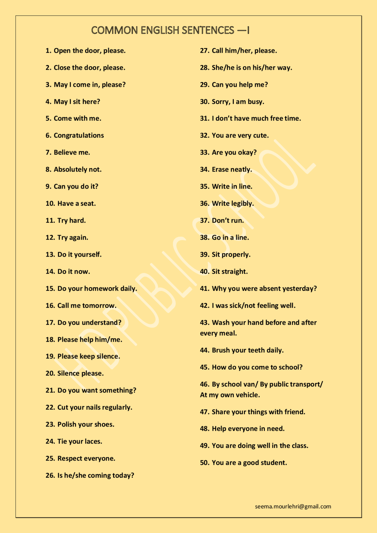 Common classroom English sentences - Docsity