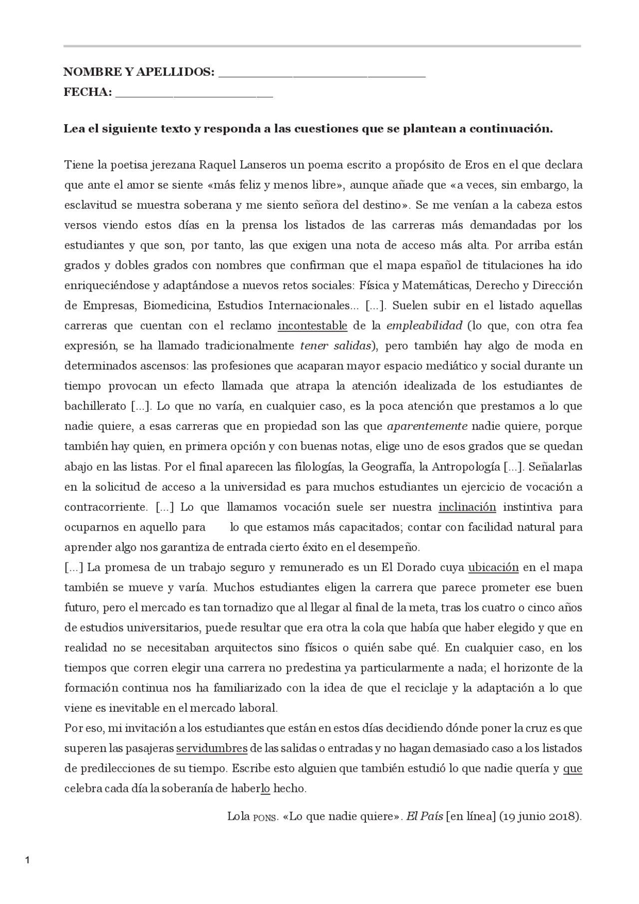 Ejercicios Selectividad Castellano Docsity