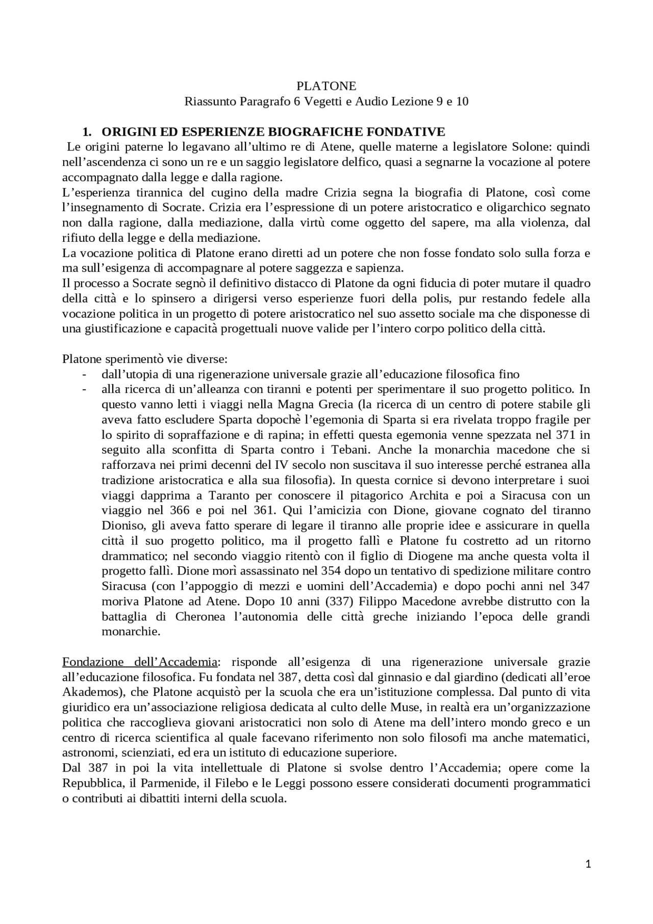 PLATONE,ORIGINI ED ESPERIENZE BIOGRAFICHE FONDATIVE - Docsity