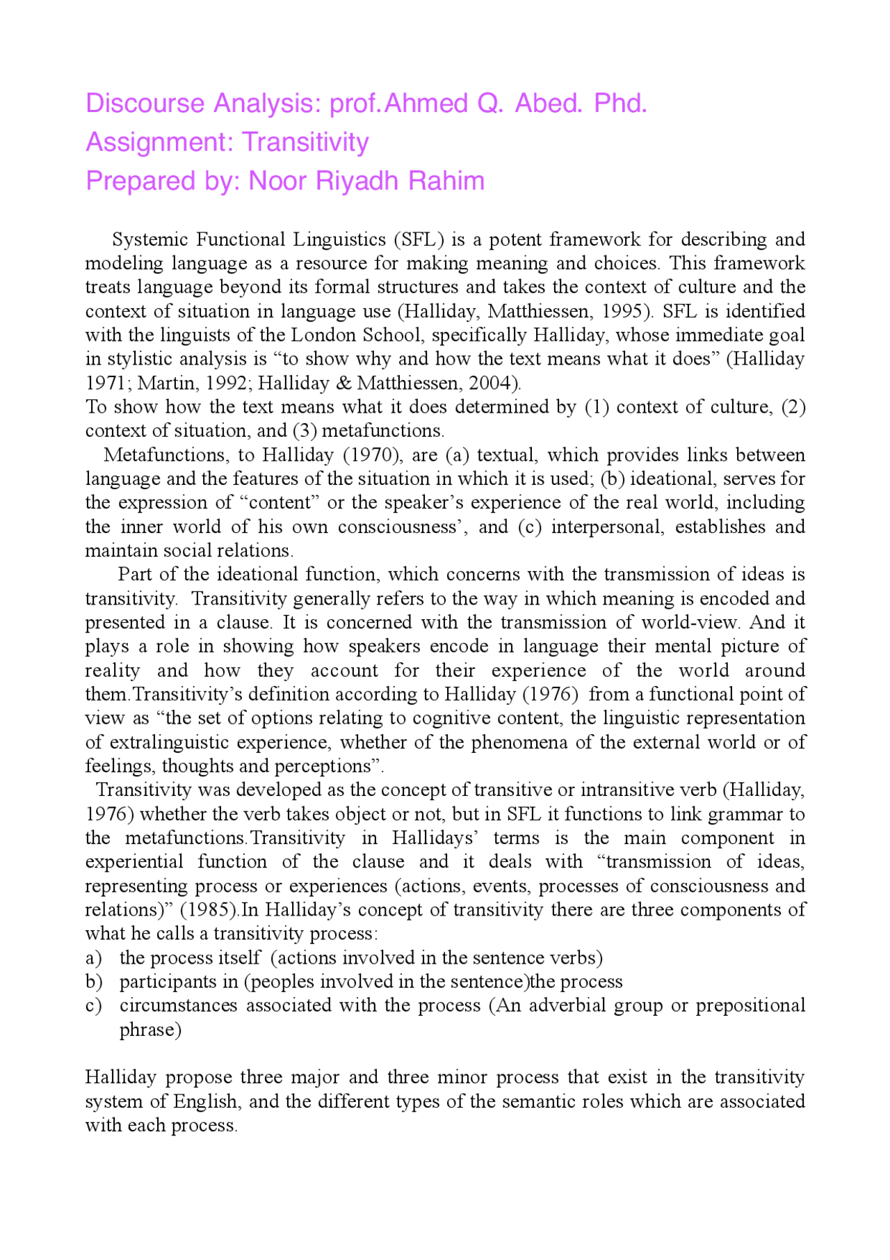 Discourse Analysis Transitivity Docsity