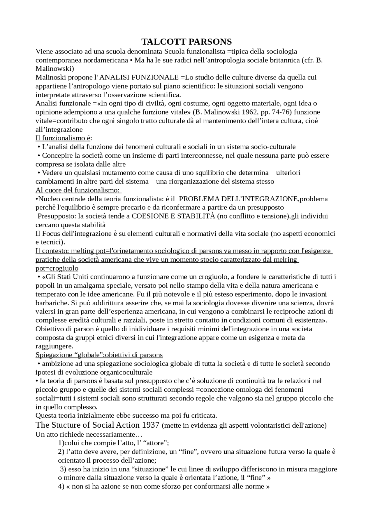 Talcoot Parsons e la sua teoria - Docsity