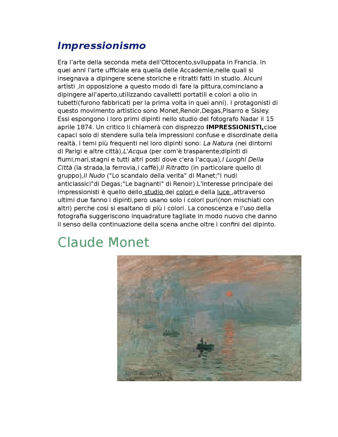 Ricerca Impressionismo E Monet Docsity